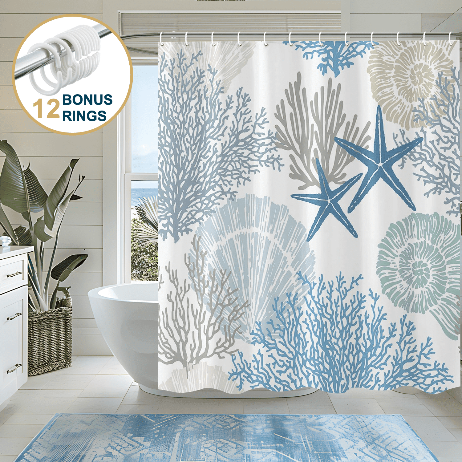 ComfiTime Beach Coastal Shower Curtain, 72 x 72, Blue, Mold-Resistant ...