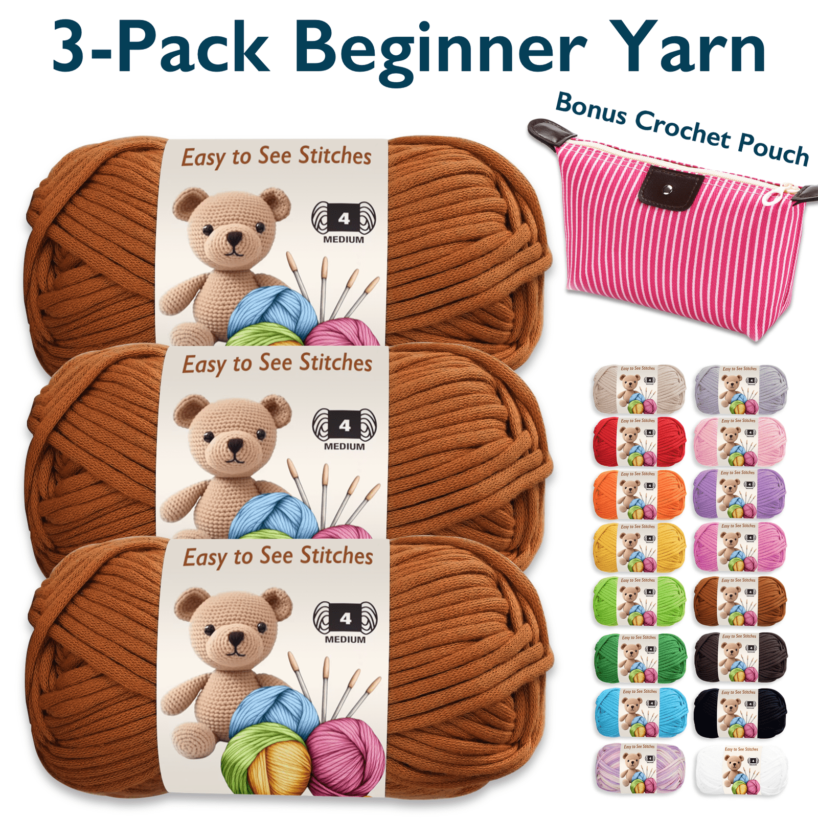 ComfiTime 3-Pack Beginner Crochet Yarn – Easy-to-See Stitches, No Fray ...