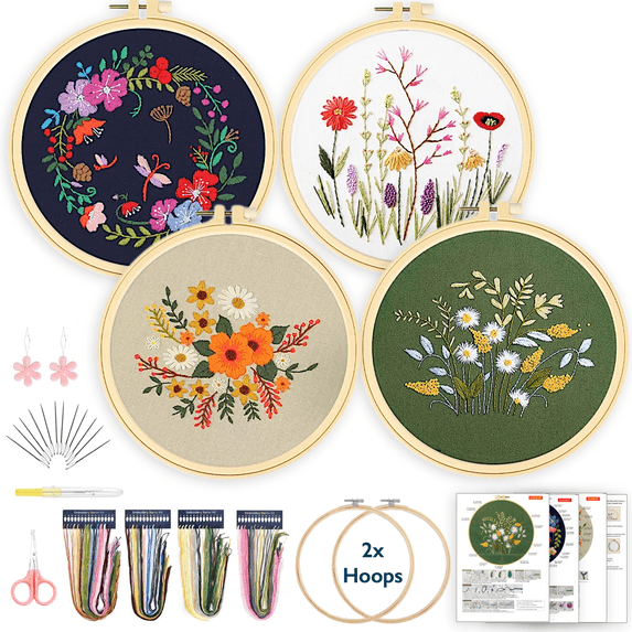 ComfiTime Embroidery Kit for Beginners to Adults, 4 Floral Patterns ...