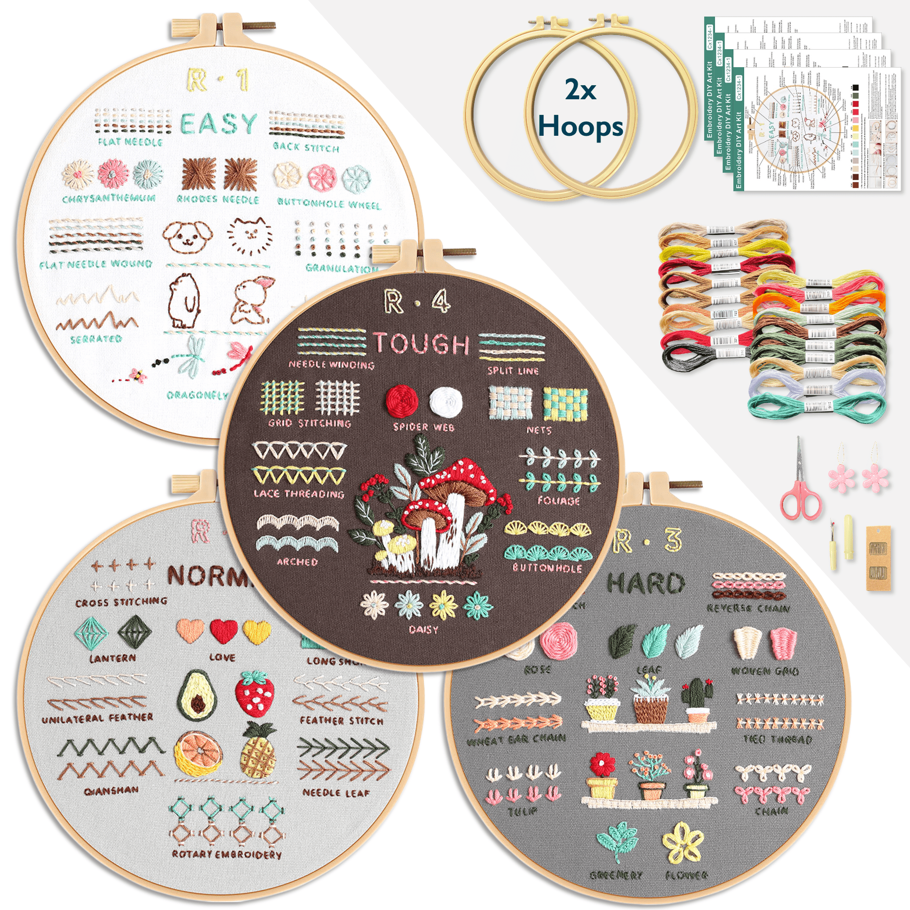 ComfiTime Beginner Embroidery Kit, 4 Skill Levels, Stamped Patterns, 2 ...