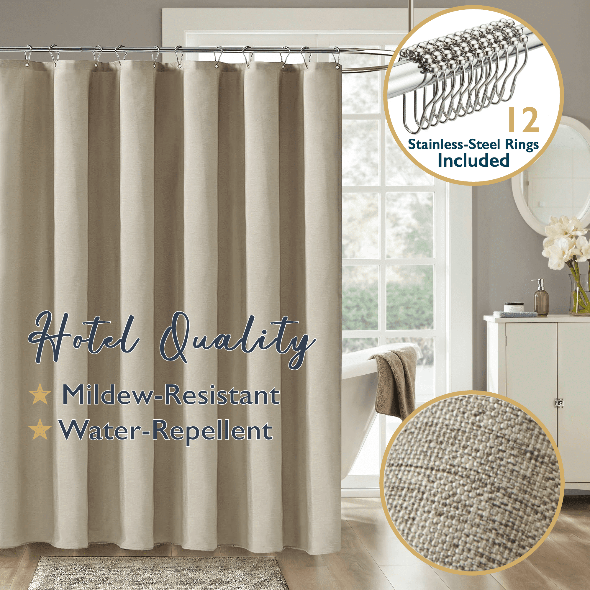 ComfiTime Fabric Shower Curtain with Hooks – 210 GSM Heavy-Duty Faux ...