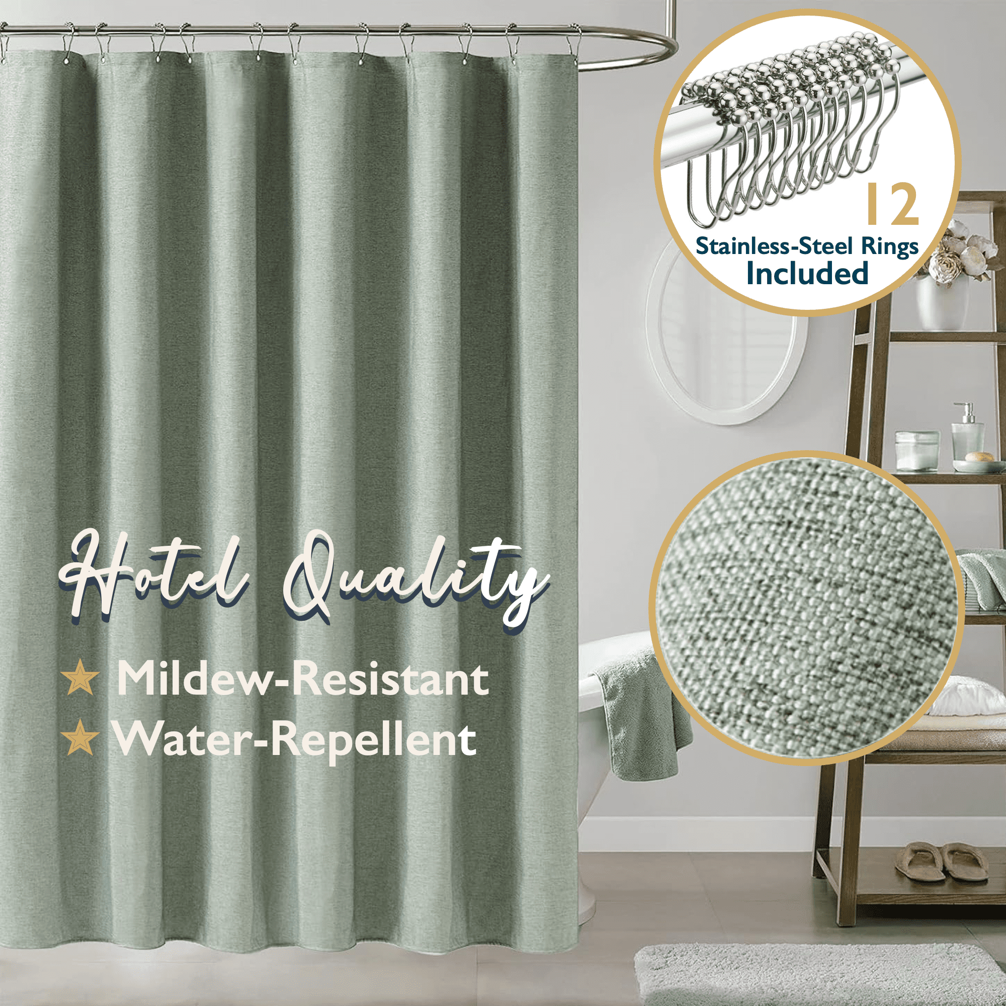 ComfiTime Fabric Shower Curtain with Hooks – 210 GSM Heavy-Duty Faux ...