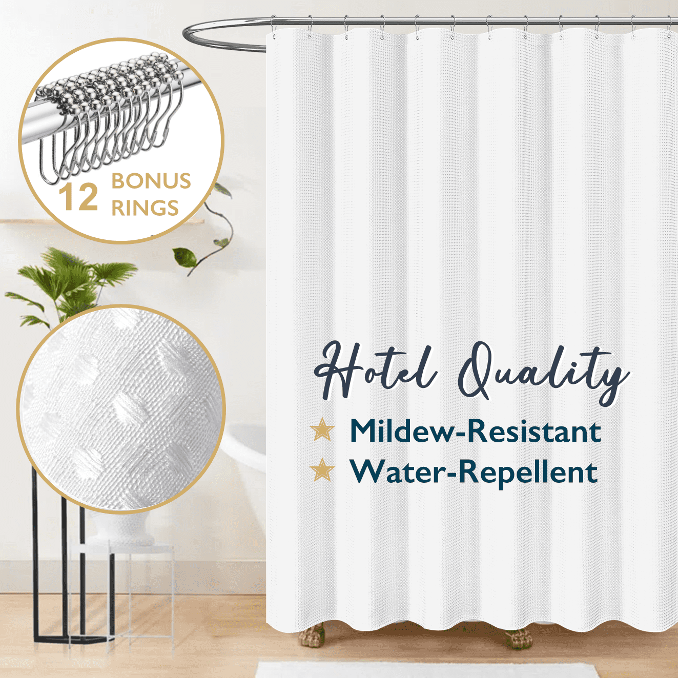 ComfiTime Fabric Shower Curtain with Hooks – 230 GSM Heavy-Duty ...