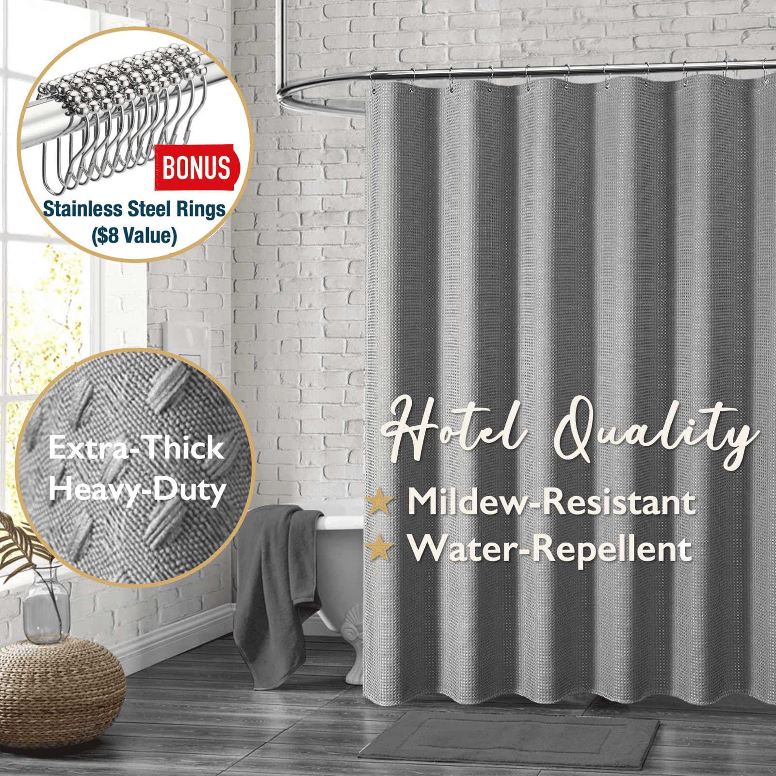 "ComfiTime Fabric Shower Curtain, 230 GSM Weighted Hem, Water-Repellent ...