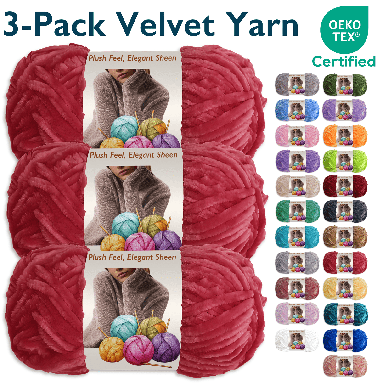 ComfiTime 3-Pack Velvet Yarn – Bulky #5, 3.5 oz / 87.5 Yds per Skein ...
