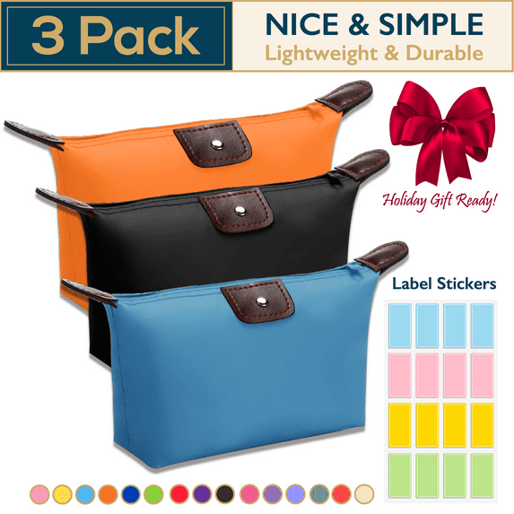 ComfiTime Large Set of 3 Nylon Zippered Makeup Bags, Waterproof Travel Toiletry Organizer for ...