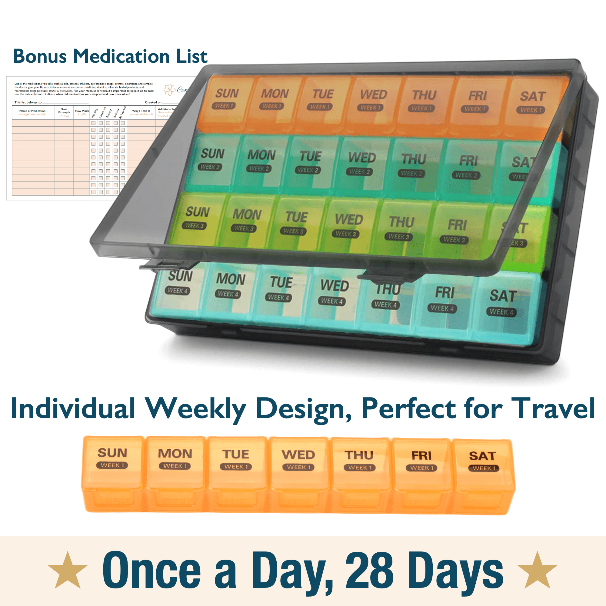 ComfiTime Pill Organizer – 28-Day Large Monthly Pill Case, Once-a-Day ...