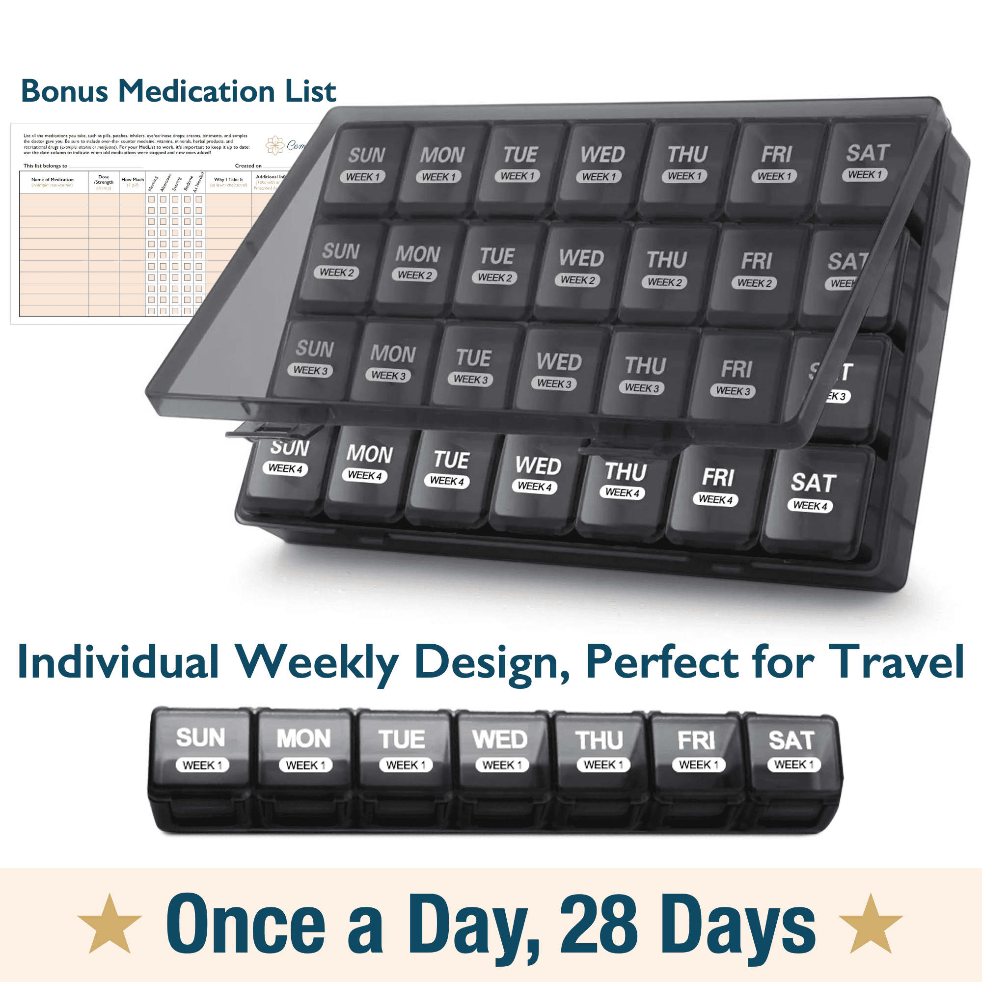 ComfiTime Pill Organizer – 28-Day Large Monthly Pill Case, Once-a-Day ...