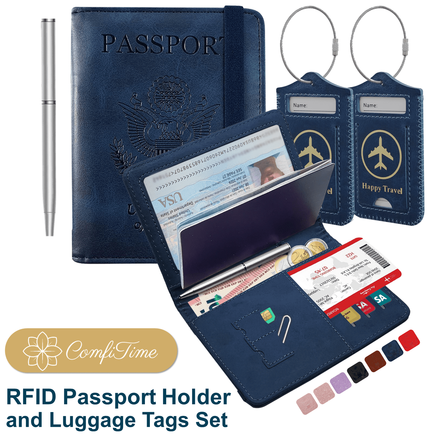 ComfiTime RFID Passport Holder & Luggage Tags Set – PU Leather, TSA ...
