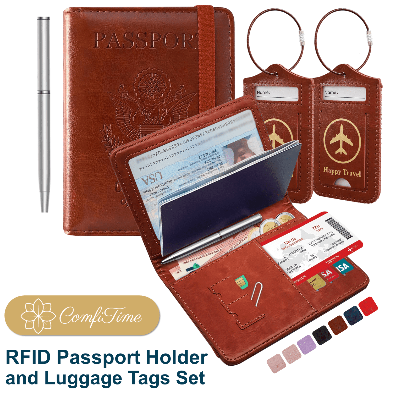 ComfiTime RFID Passport Wallet & Luggage Tags Combo – PU Leather Travel Tags, TSA Approved ...