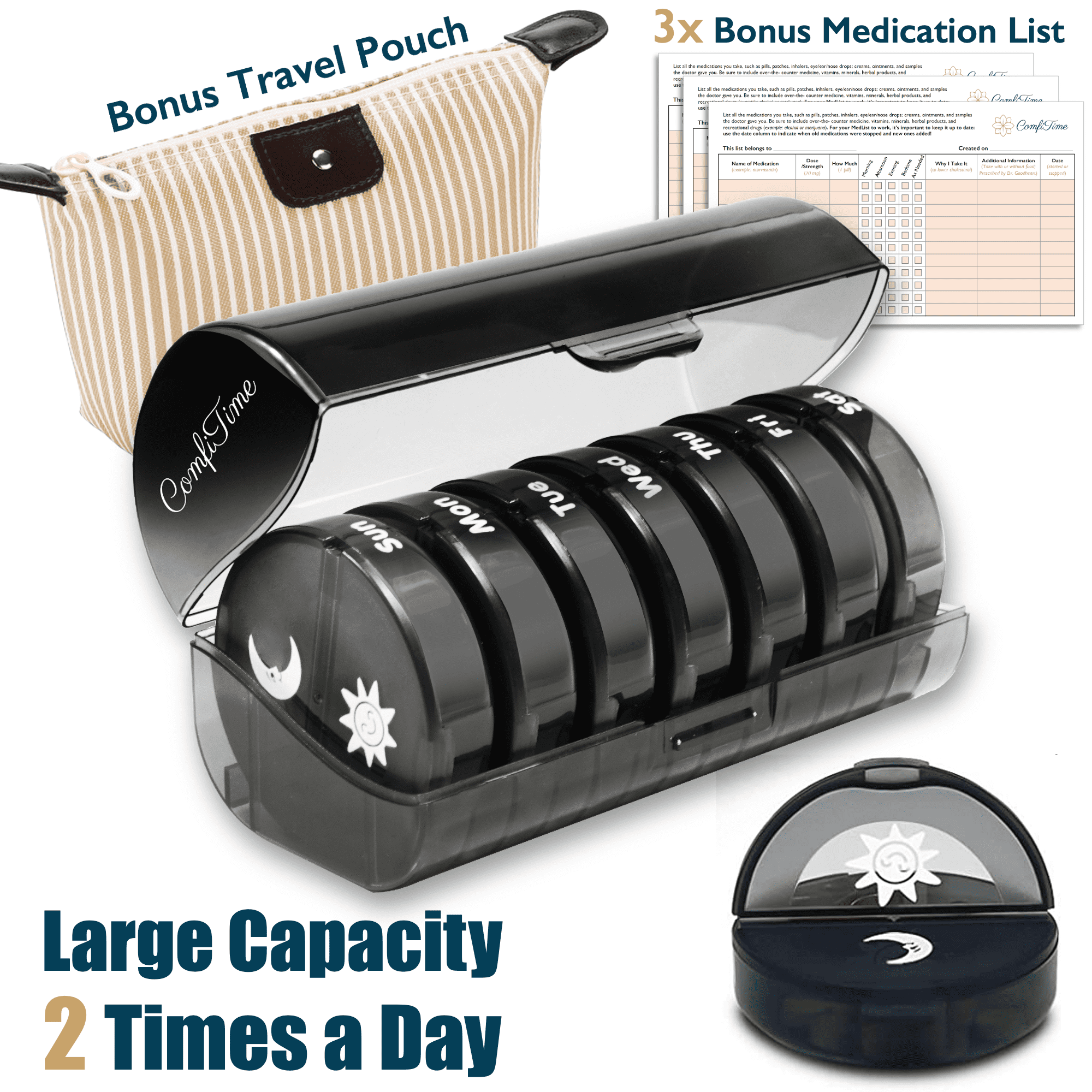 ComfiTime Pill Organizer, Weekly Travel Pill Box, 7 Day AM/PM ...