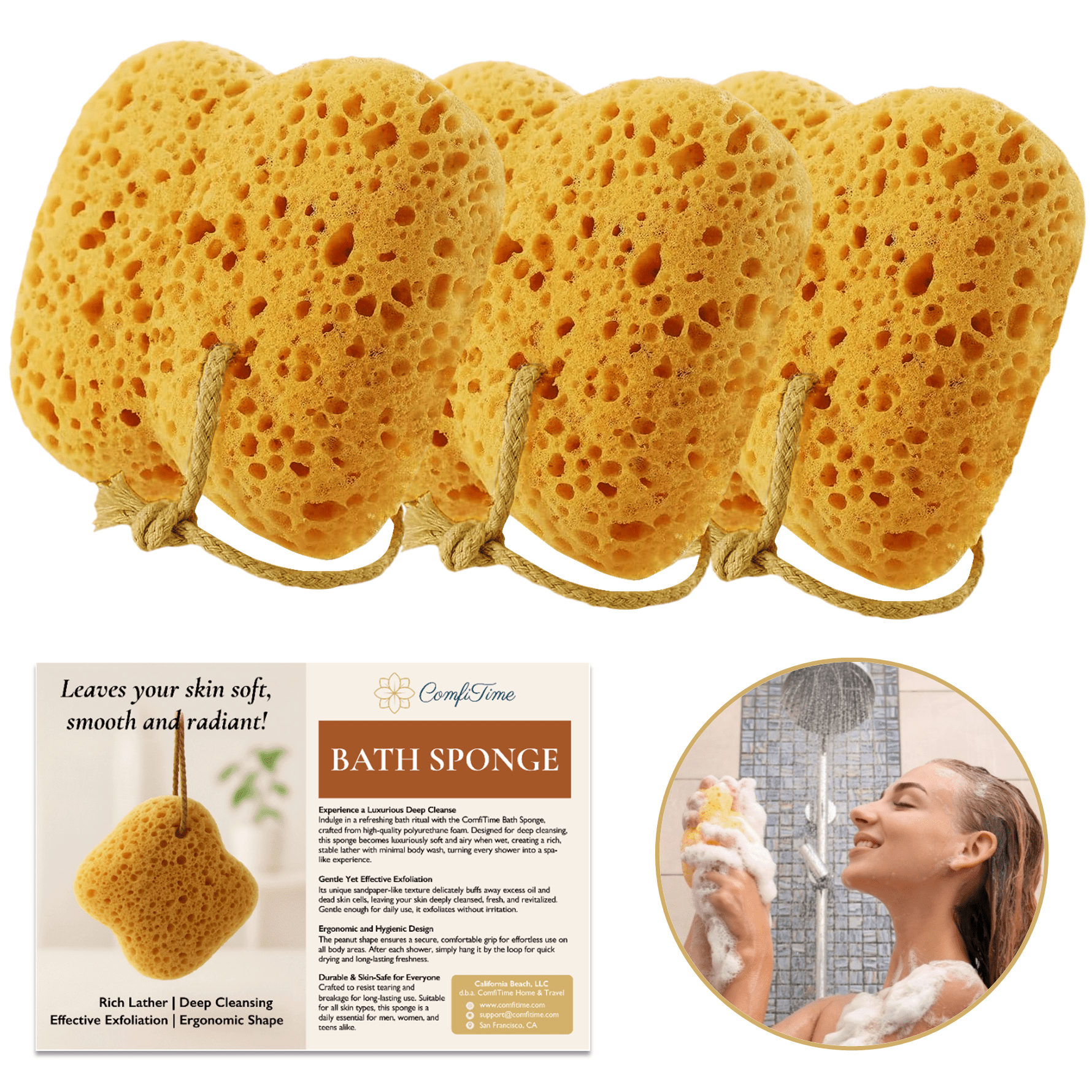ComfiTime Exfoliating Bath Sponge 3Pack, Soft Foam Shower Body Sponge ...