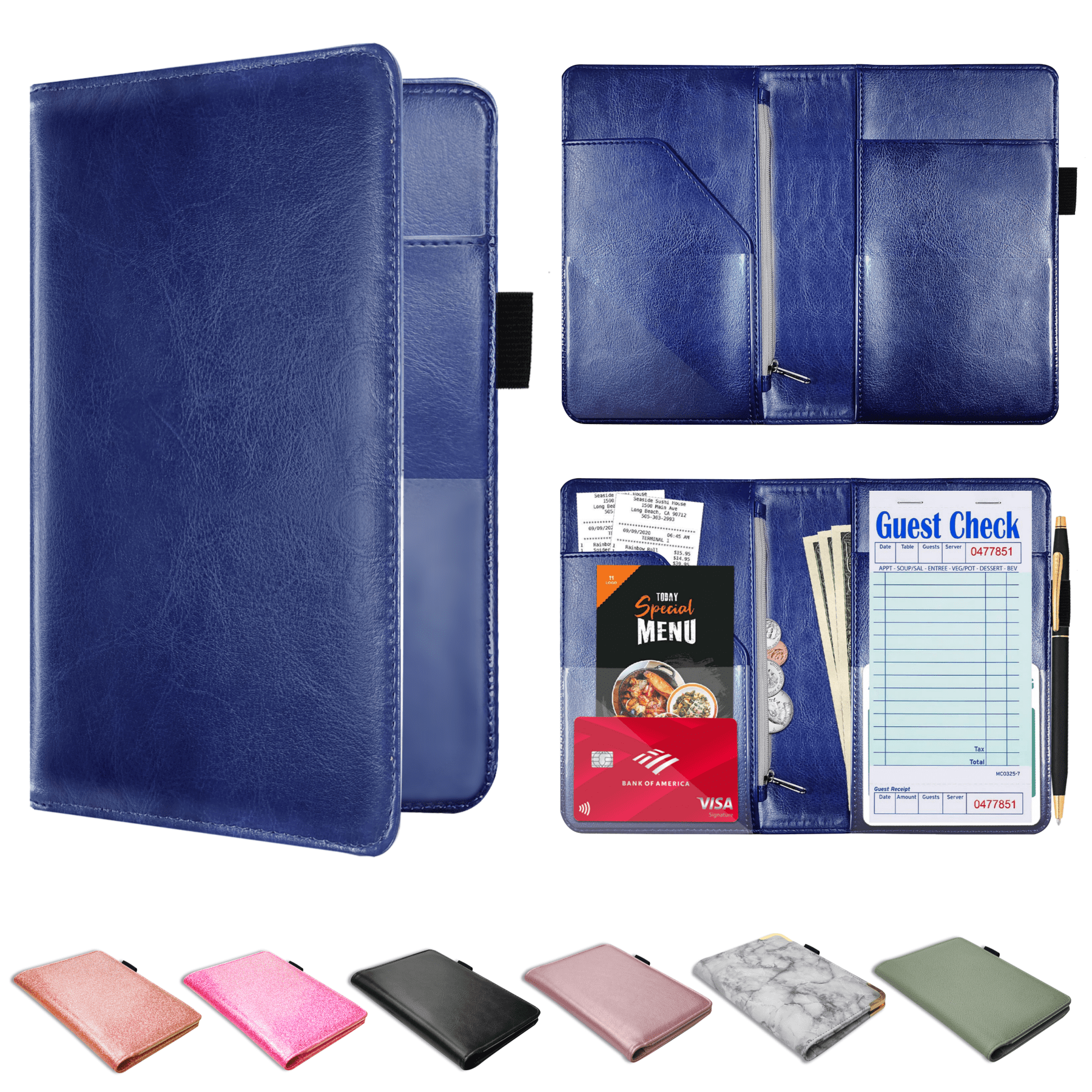 ComfiTime PU Leather Server Book with Large Zipper Cash Pocket and Pad ...