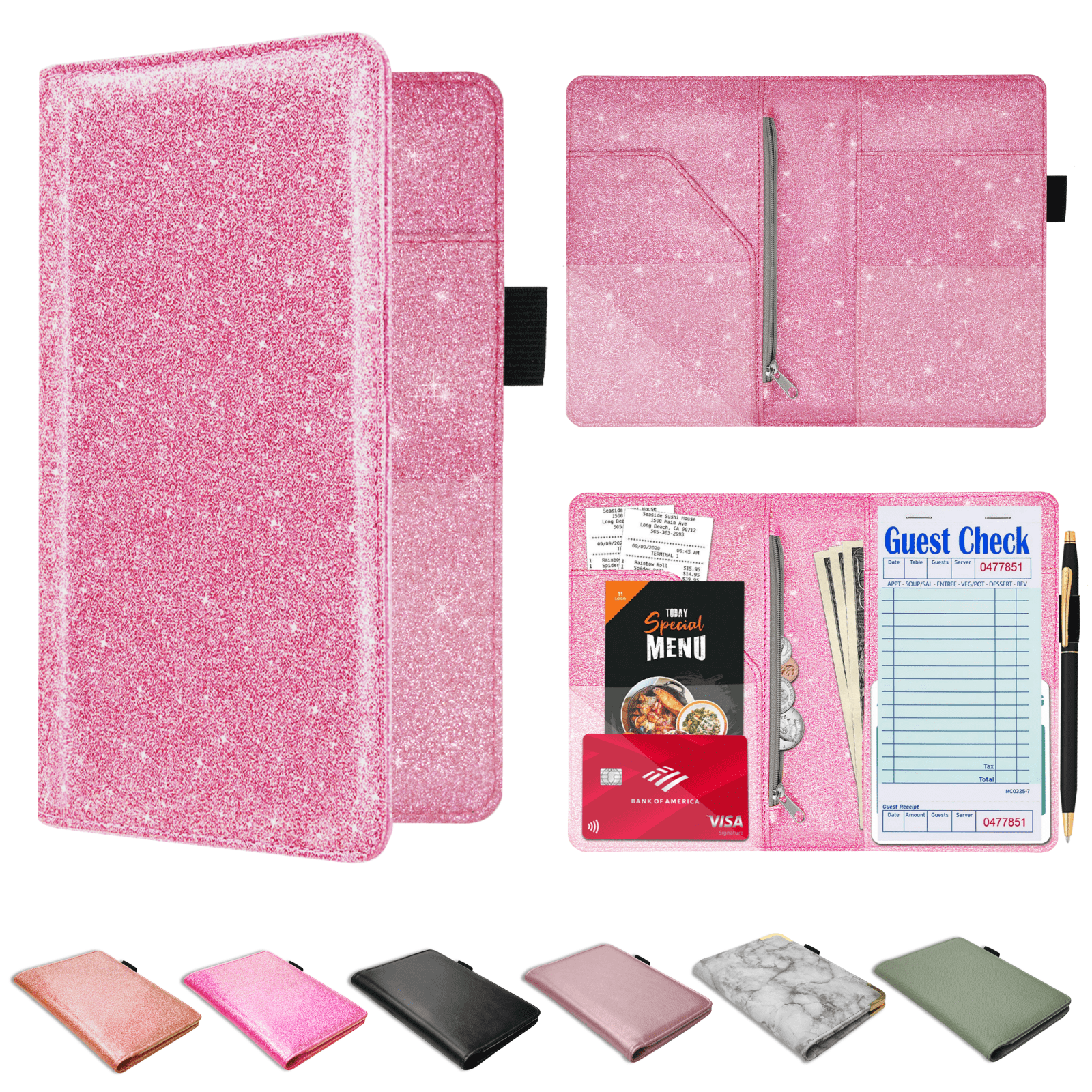 ComfiTime PU Leather Waitress Book, Glitter Pink, Server Pad with ...