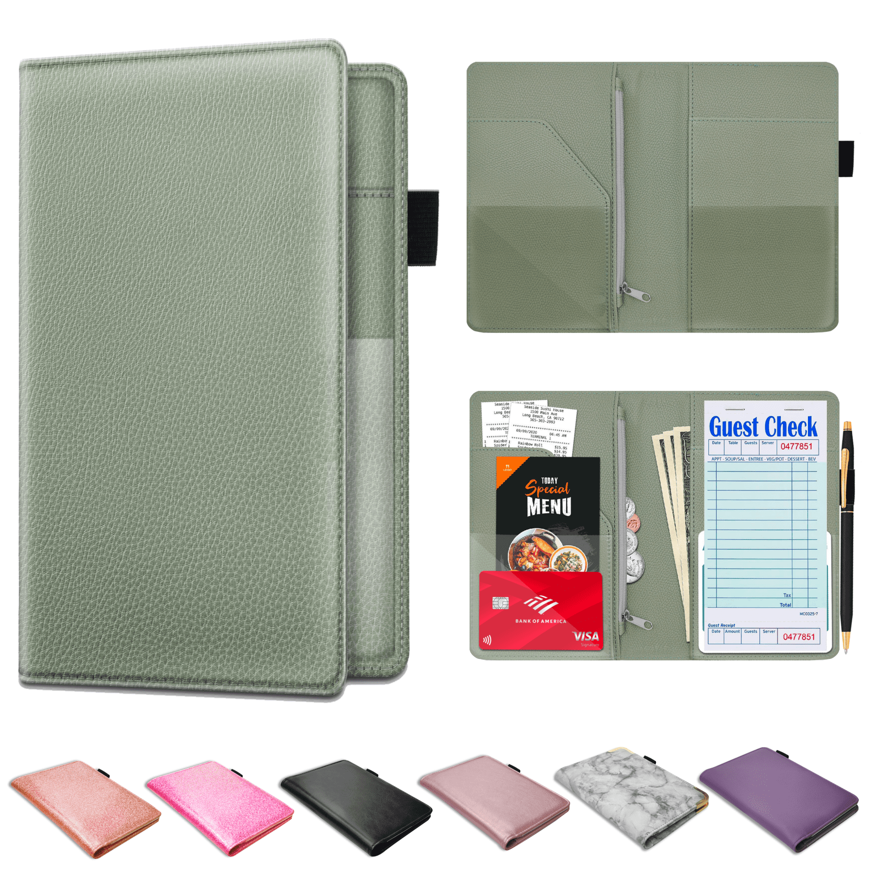 ComfiTime Server Book - PU Leather, Zipper Pocket, Pen Holder, Guest ...