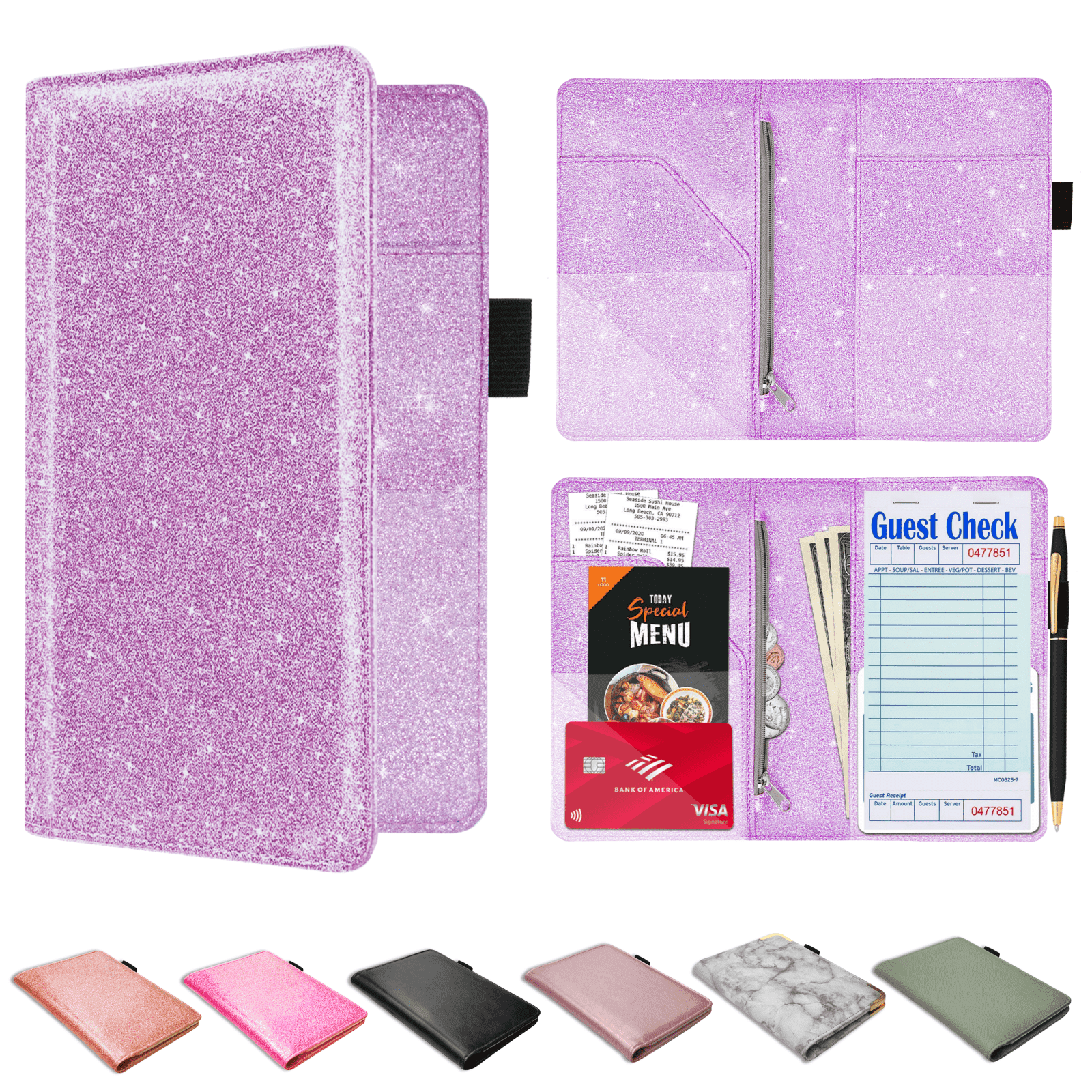 ComfiTime Glitter Purple Server Book for Waitress, Zipper Pocket ...
