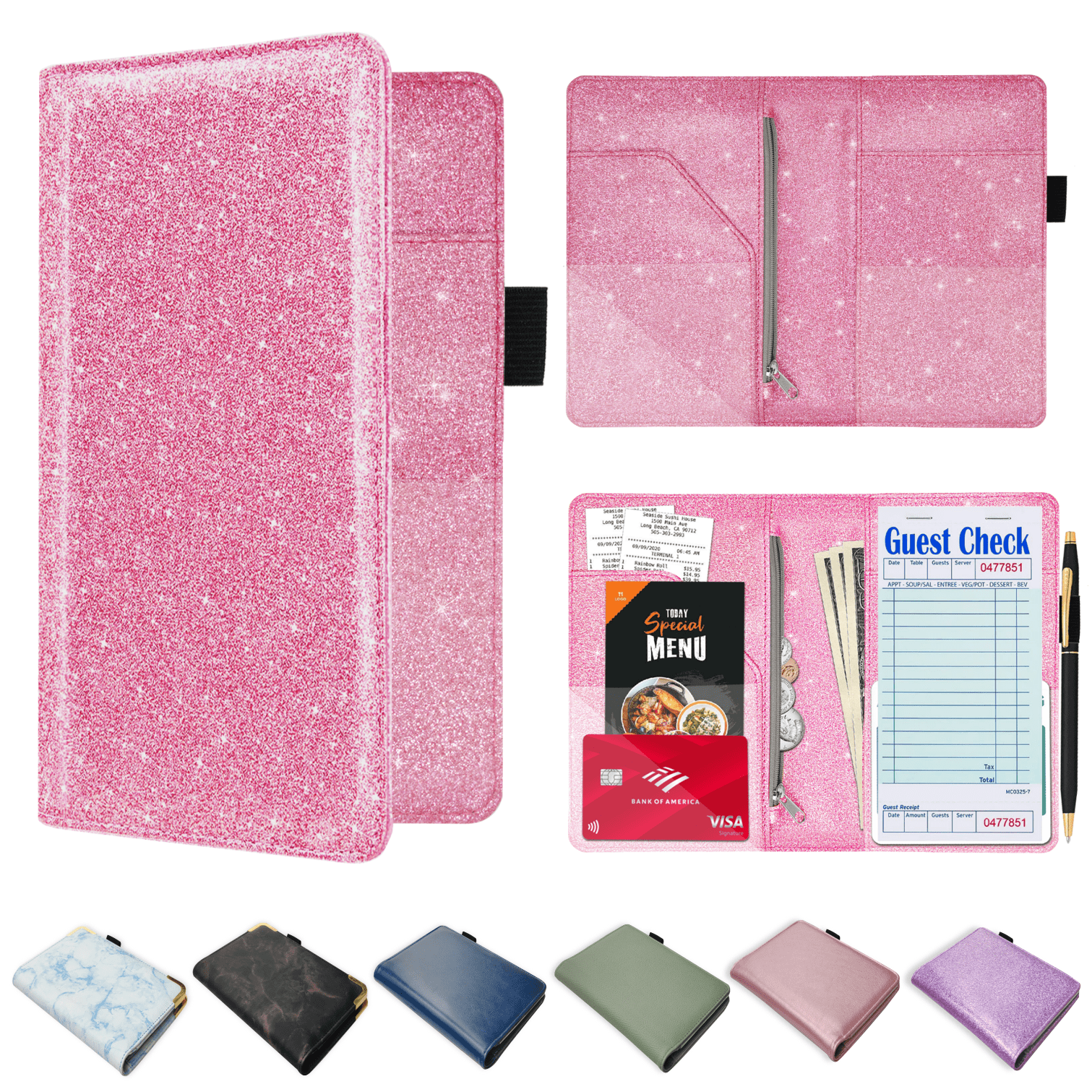 ComfiTime PU Leather Waitress Book, Glitter Pink, Server Pad with ...