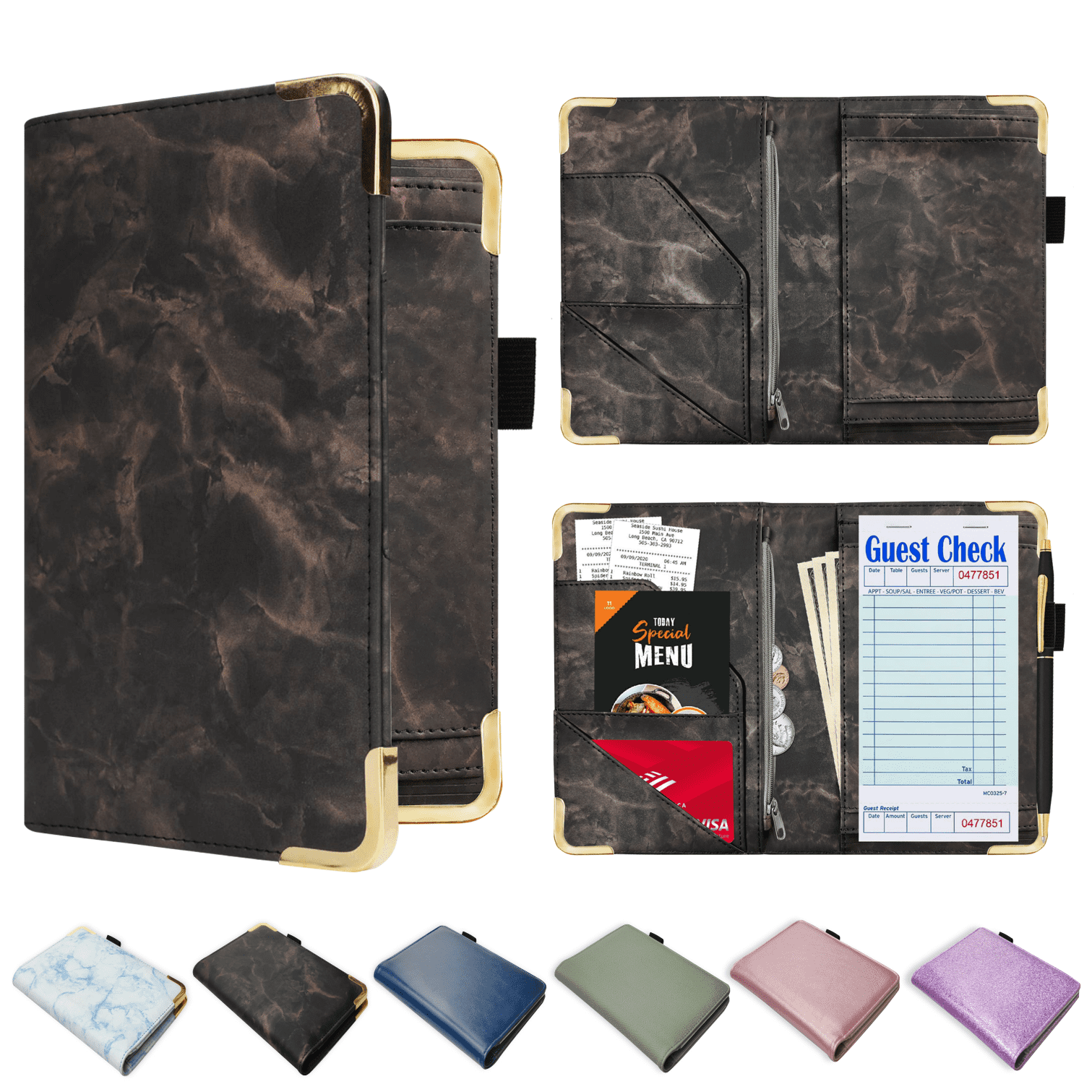 ComfiTime PU Leather Server Book for Waitress with Zipper Money Pocket ...