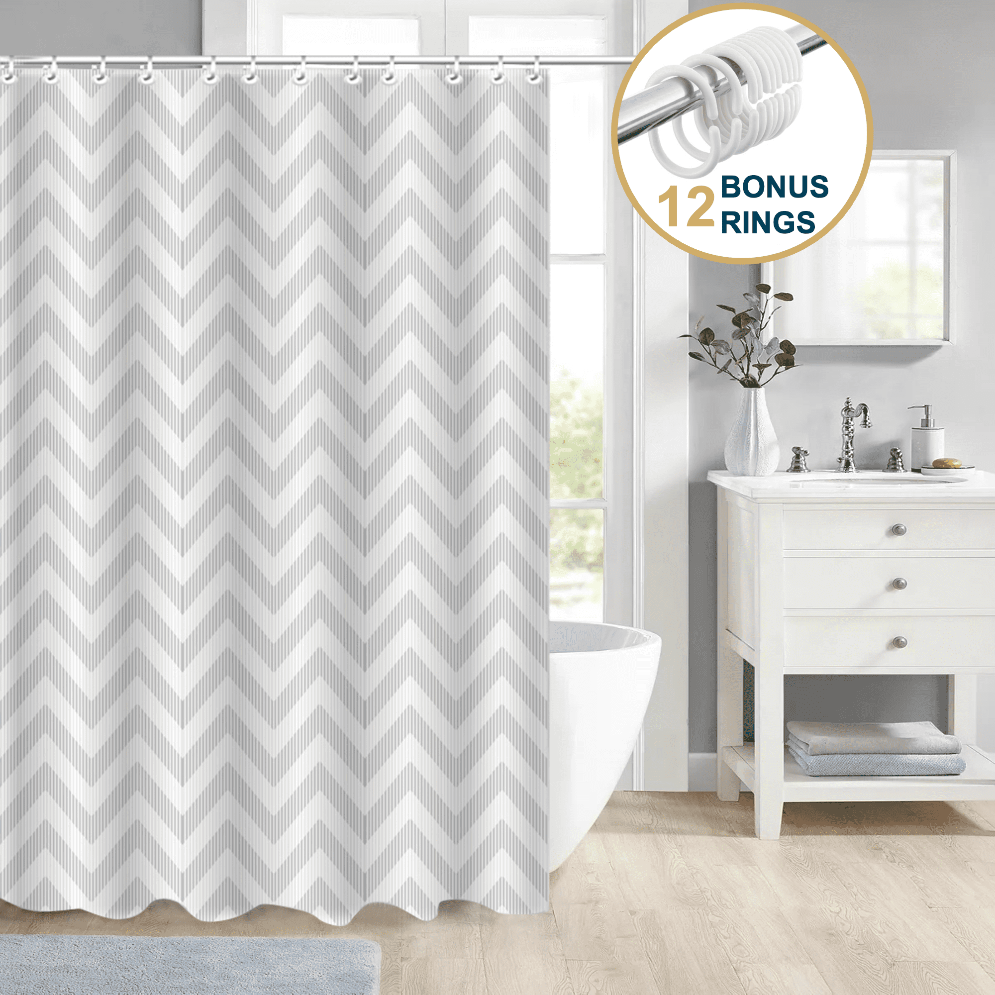 ComfiTime Shower Curtain with Hooks – Heavy-Duty Mold/Mildew-Resistant, Weighted-Hem Fabric ...