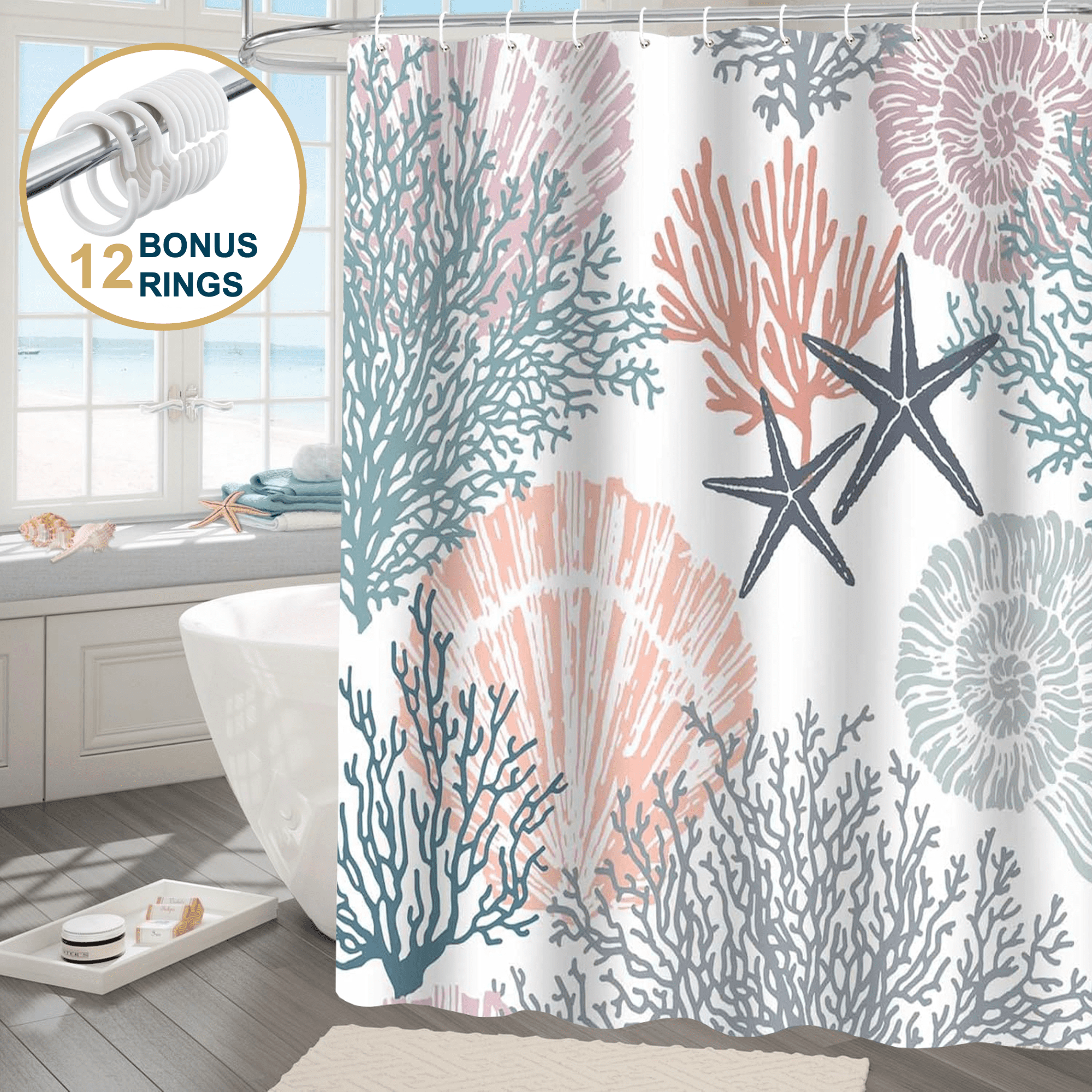 ComfiTime Ocean Coastal Shower Curtain with Hooks – Heavy-Duty Mold ...