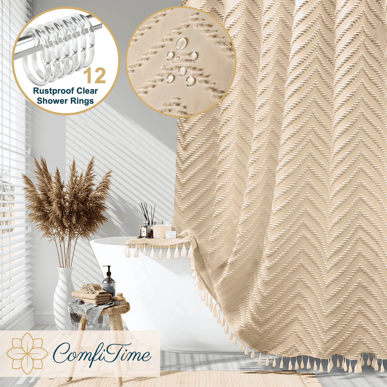 ComfiTime 13-Pc Tassel Shower Curtain with Hooks – Elegant Tufted ...