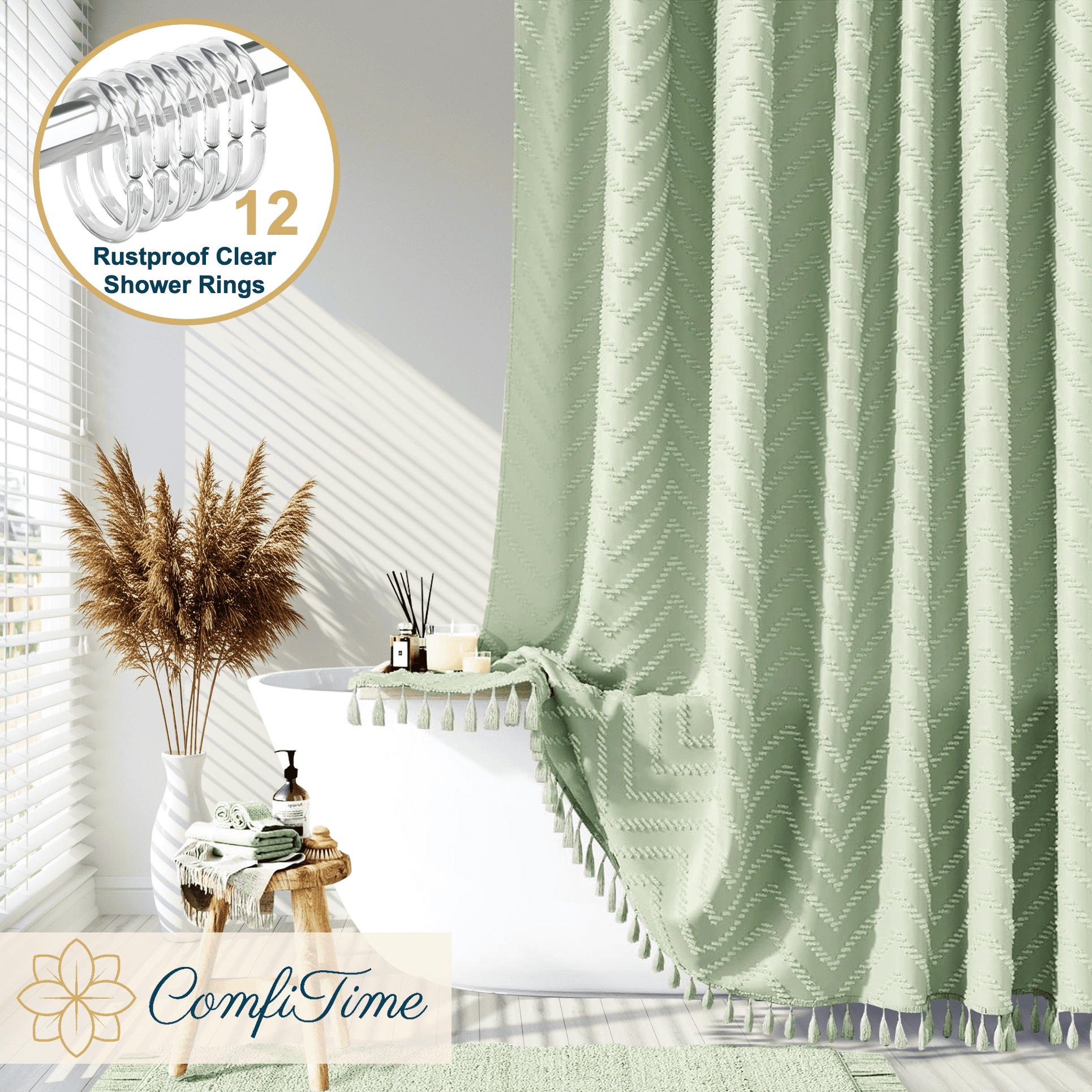 ComfiTime 13-Pc Tassel Shower Curtain with Hooks – Elegant Tufted ...
