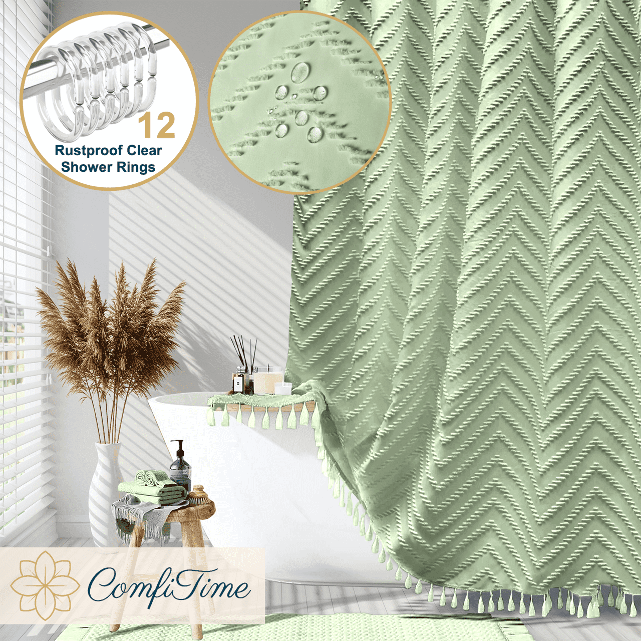 ComfiTime 13-Pc Tassel Shower Curtain with Hooks – Elegant Tufted ...