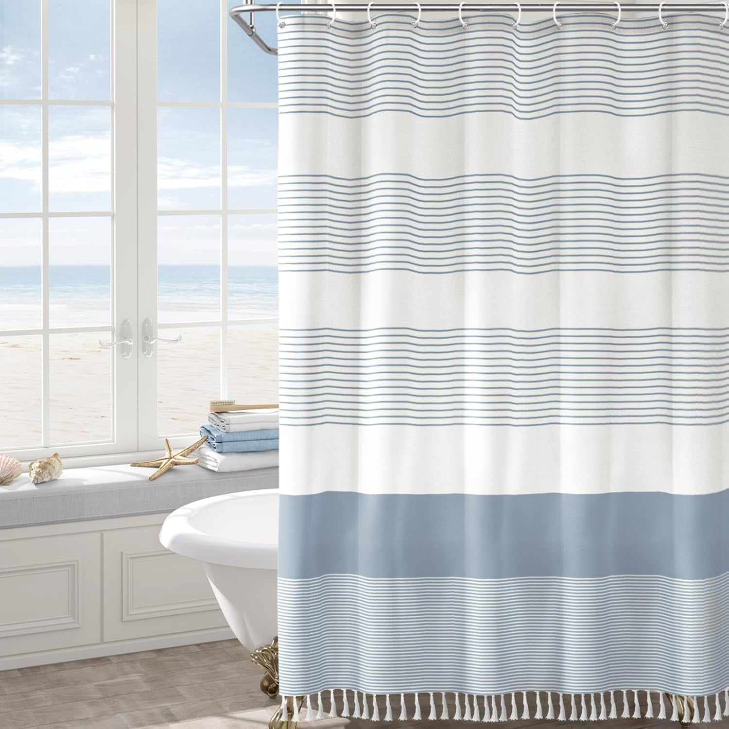ComfiTime Tassel Shower Curtain Set with Hooks – Heavy-Duty Fabric ...