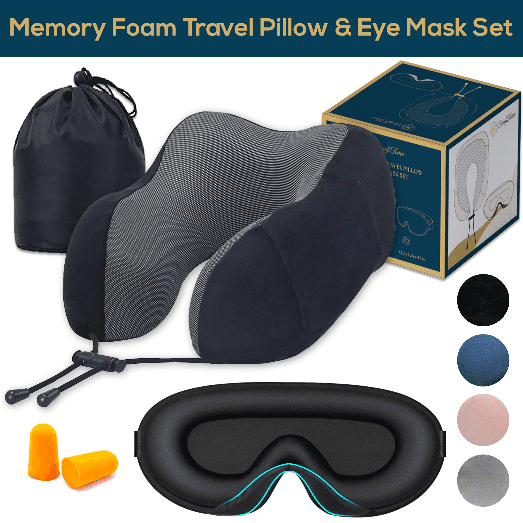 ComfiTime Memory Foam Travel Pillow & Sleep Mask Set, Foldable ...