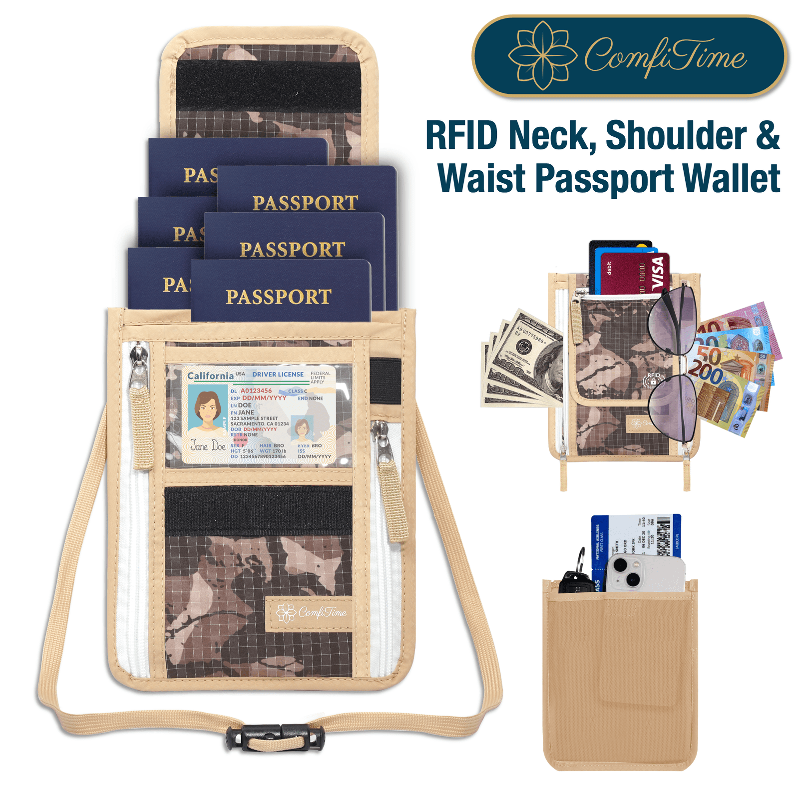 ComfiTime Passport Holder Neck Wallet - RFID Travel Wallet for Men ...