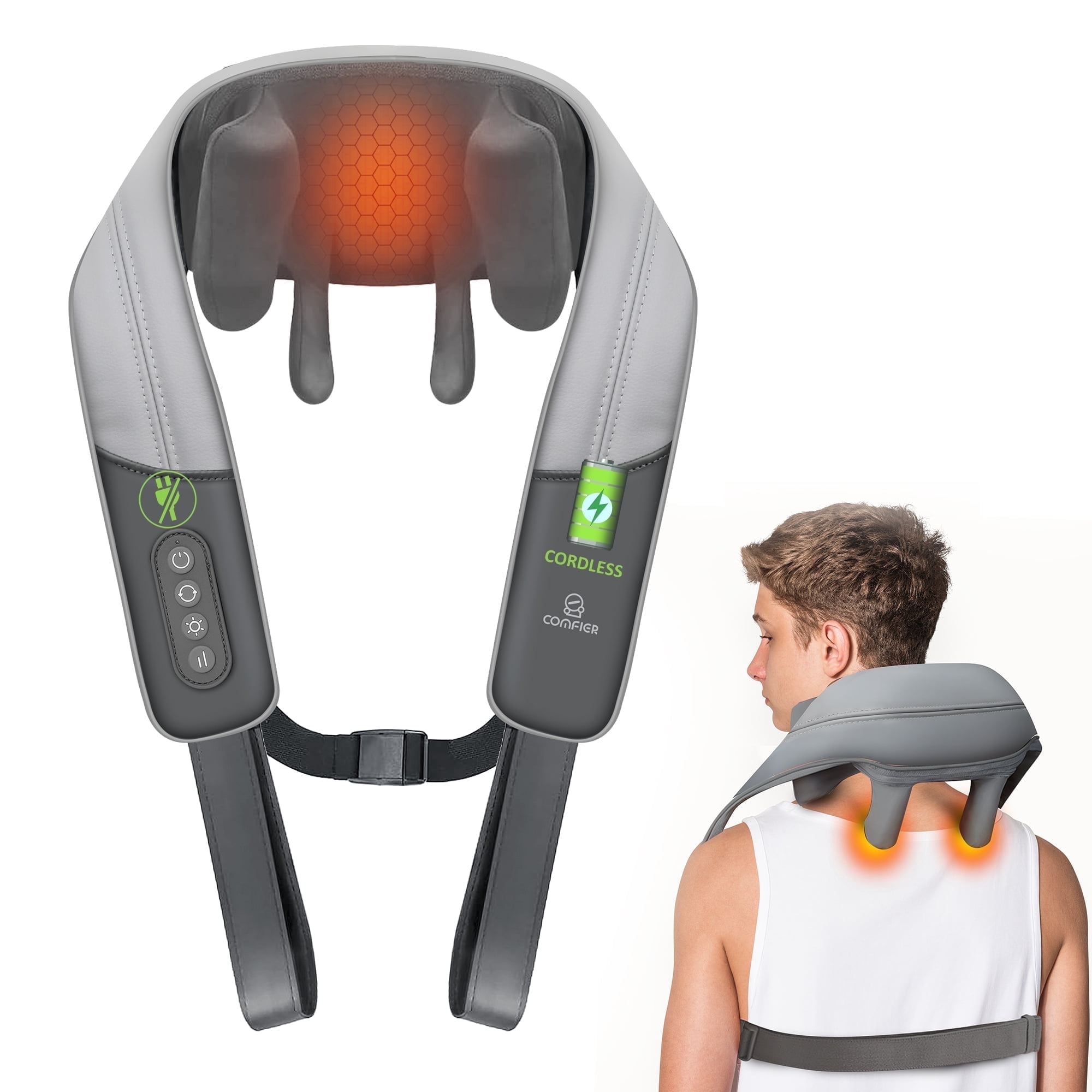 Comfier Neck Back Massager with Heat, Cordless Shiatsu Shoulder ...