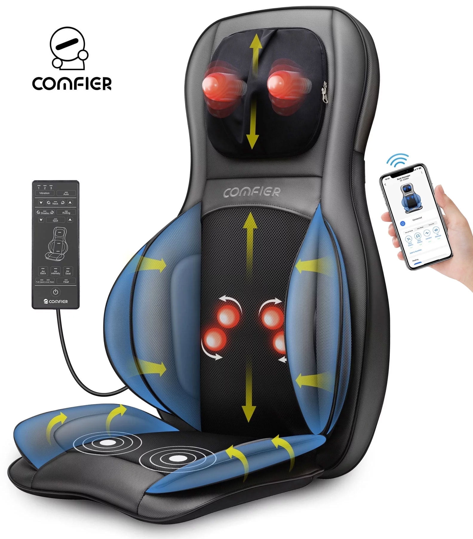 Comfier Shiatsu Neck Back Massager with App Remote, 2D/3D Kneading ...