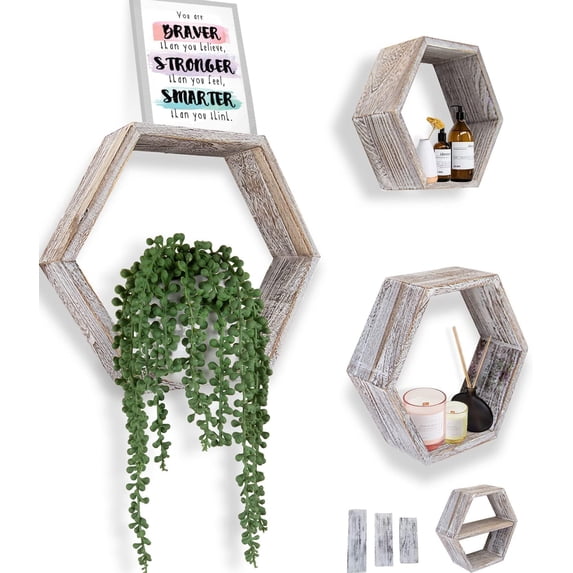 Comfify Rustic Wall Mounted Hexagonal Floating Shelves – Set of 3 ...