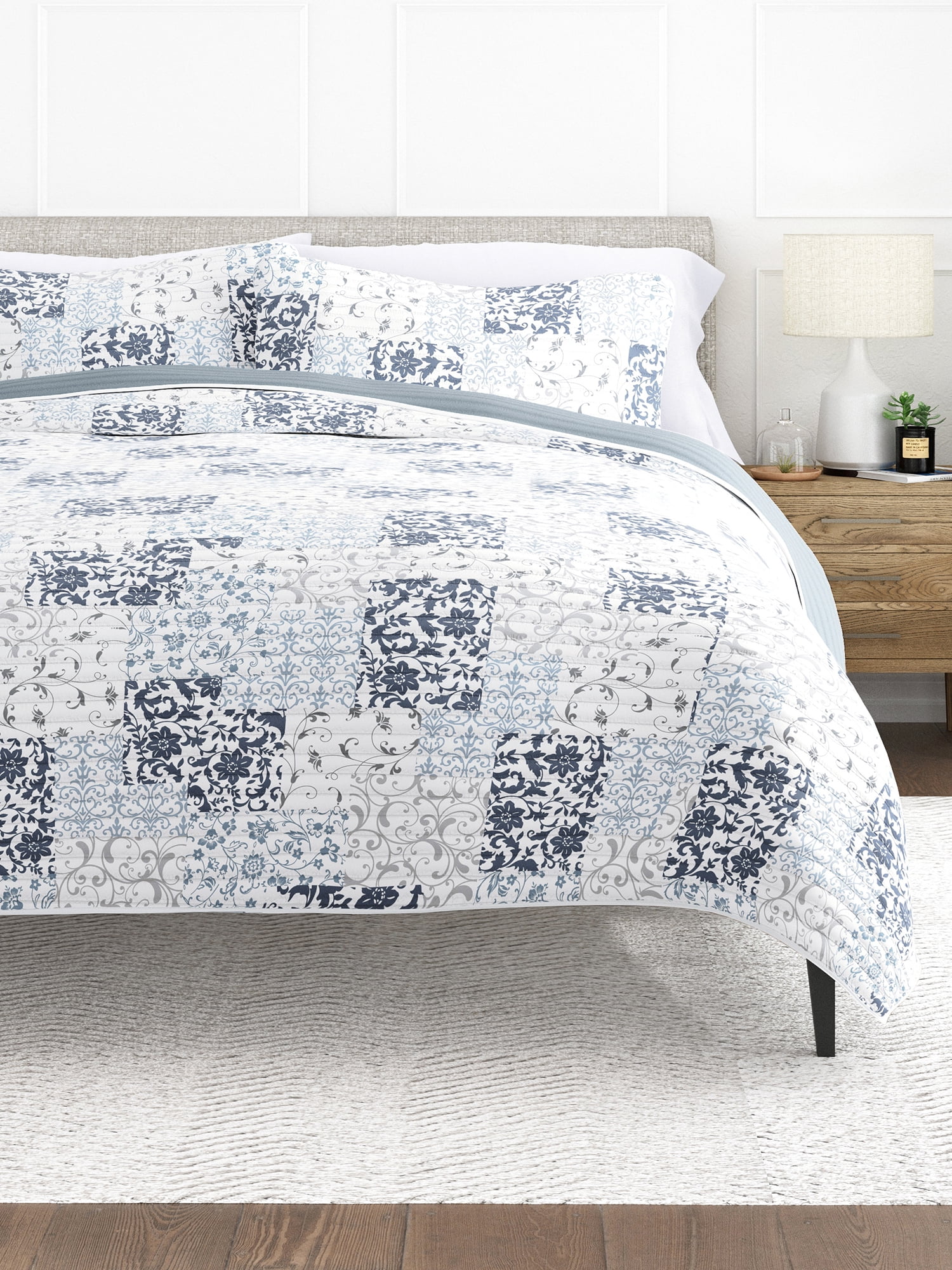 Comfort Canopy - 3 Piece Dusk Blue Reversible Patchwork Stitched Quilt ...