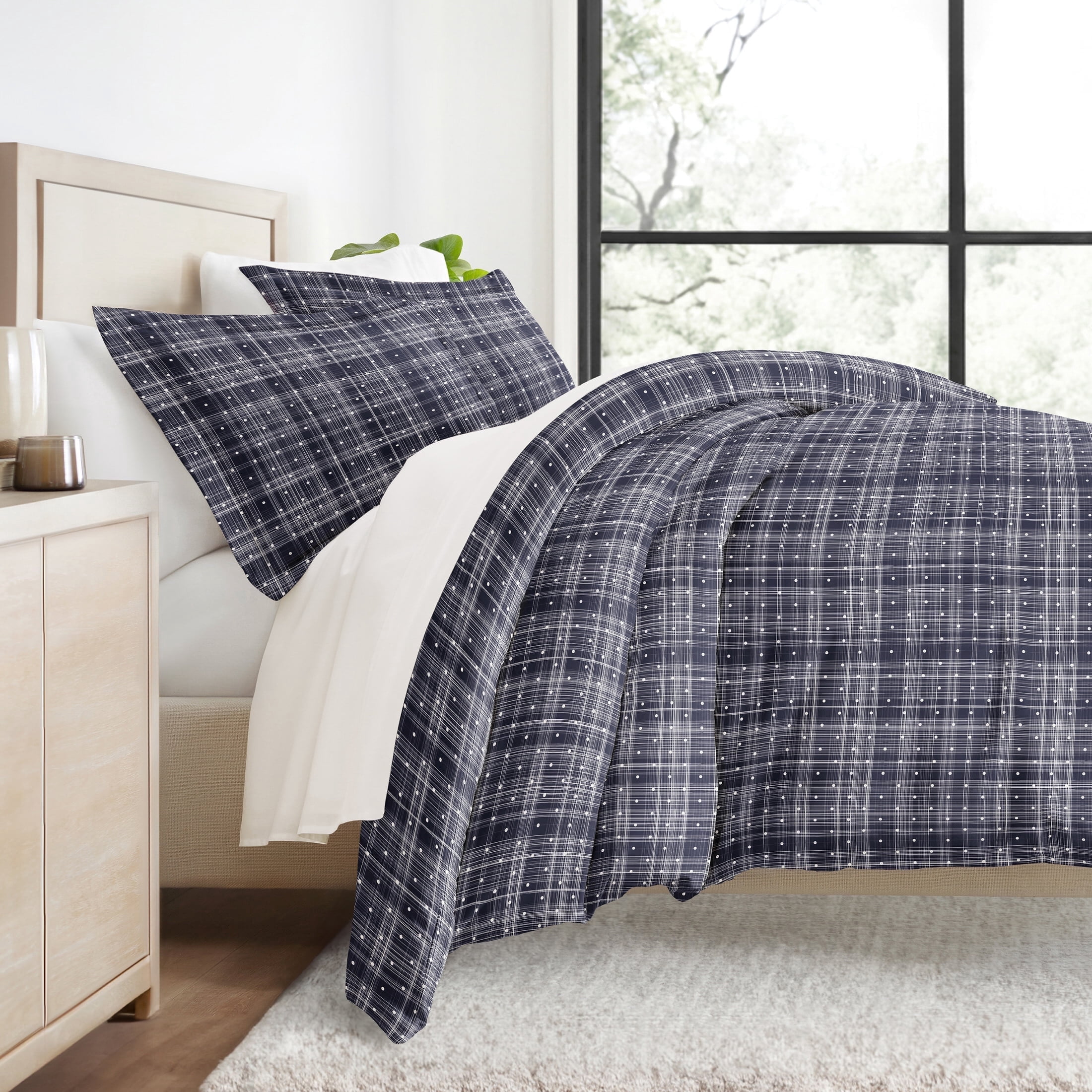 Duvet Cover Set - Ultra Soft & Breathable - Navy Polka Dot and Striped ...