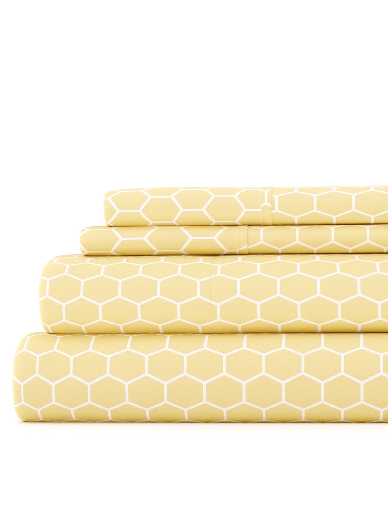 4-Piece Yellow Honeycomb Print Microfiber Bed Sheets Set for Queen Size ...