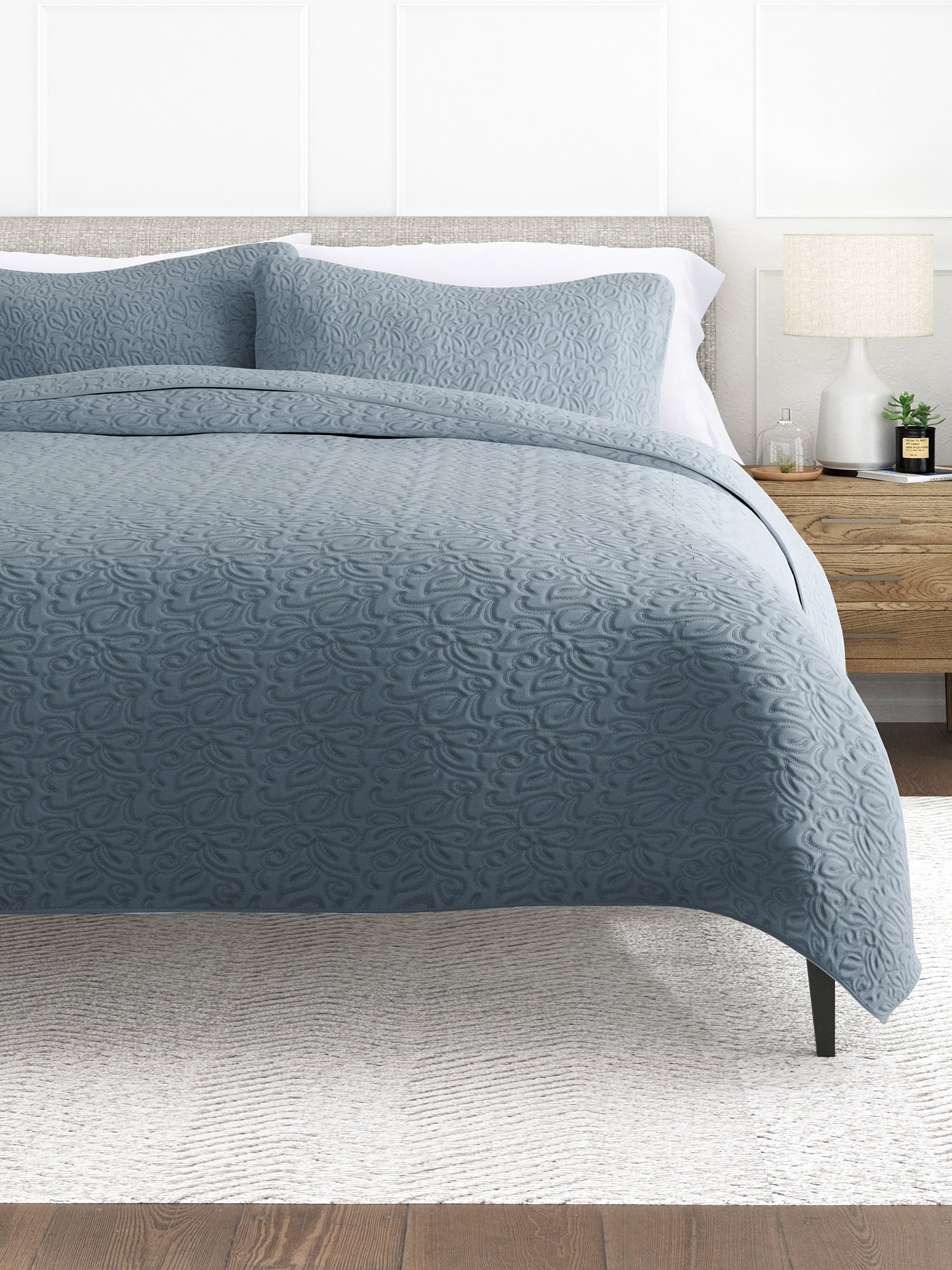 Comfort Canopy - Dusk Blue All Season Floral Stitched Quilt Coverlet ...