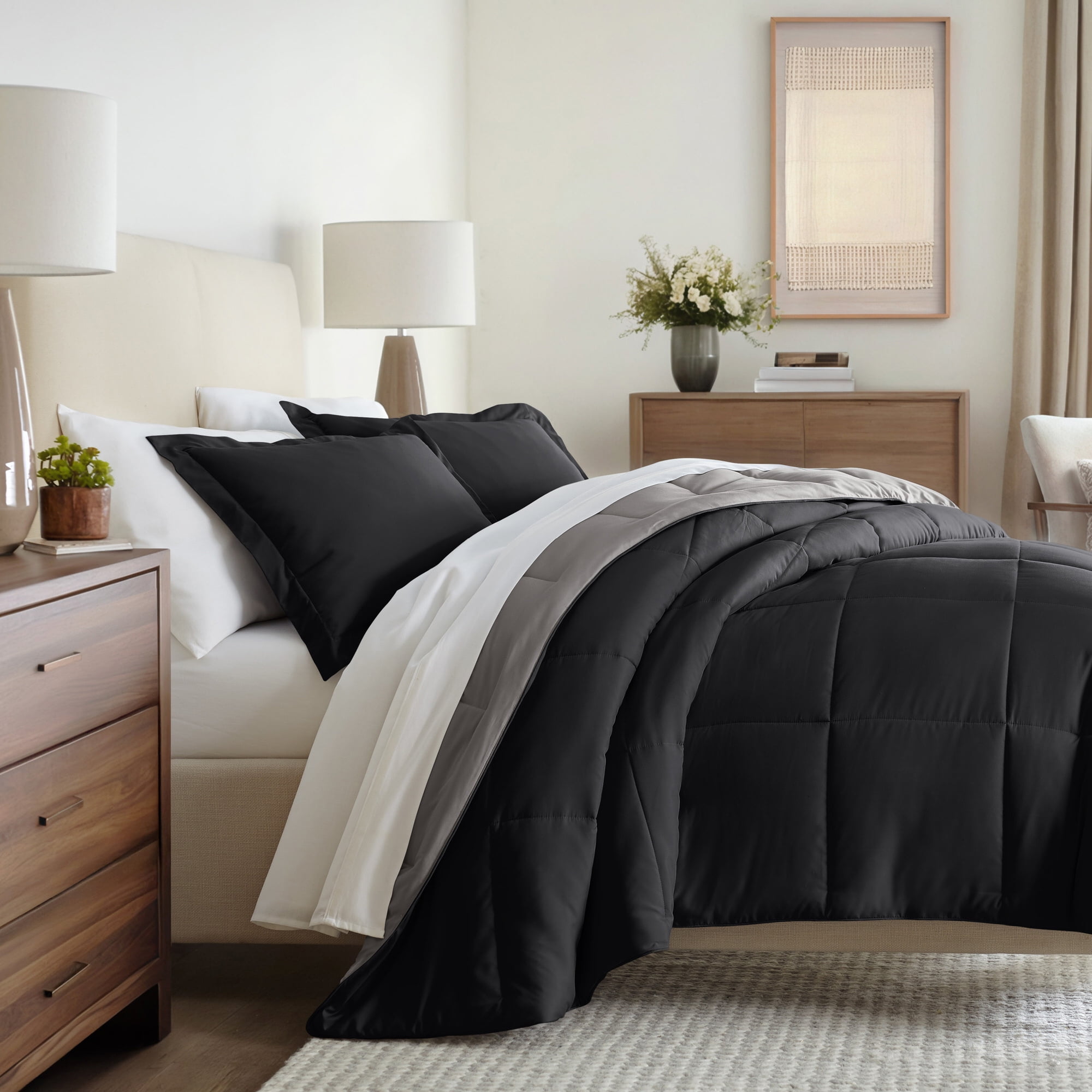 All Season Reversible Comforter Set Breathable Cool in Black & Fog Cal ...
