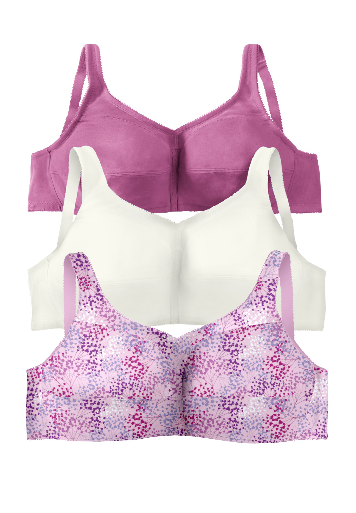 Comfort Choice Women's Plus Size 3-Pack Cotton Wireless Bra - 40 B, Pretty Orchid Assorted ...