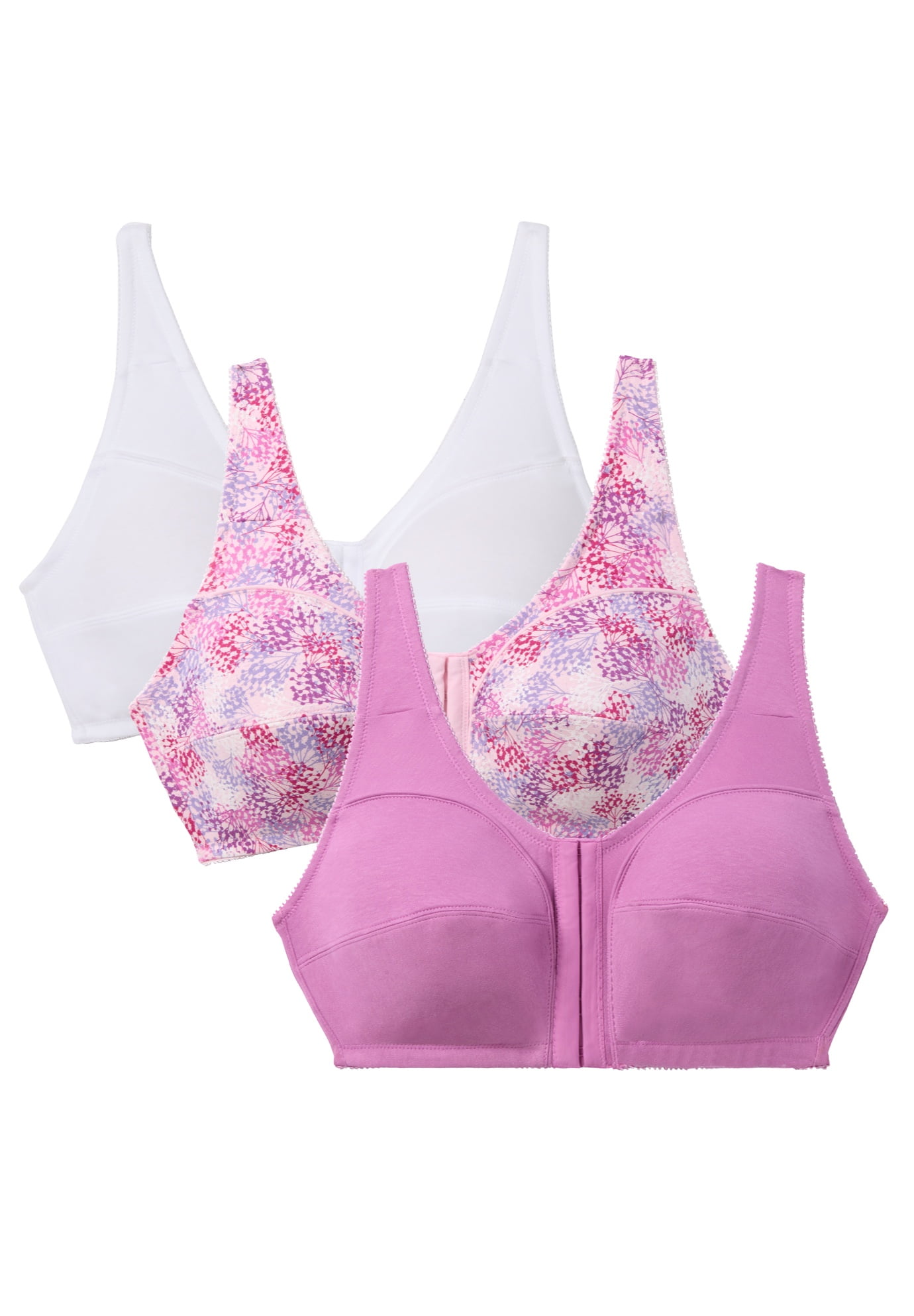 Comfort Choice Women's Plus Size 3-Pack Front-Close Cotton Wireless Bra ...