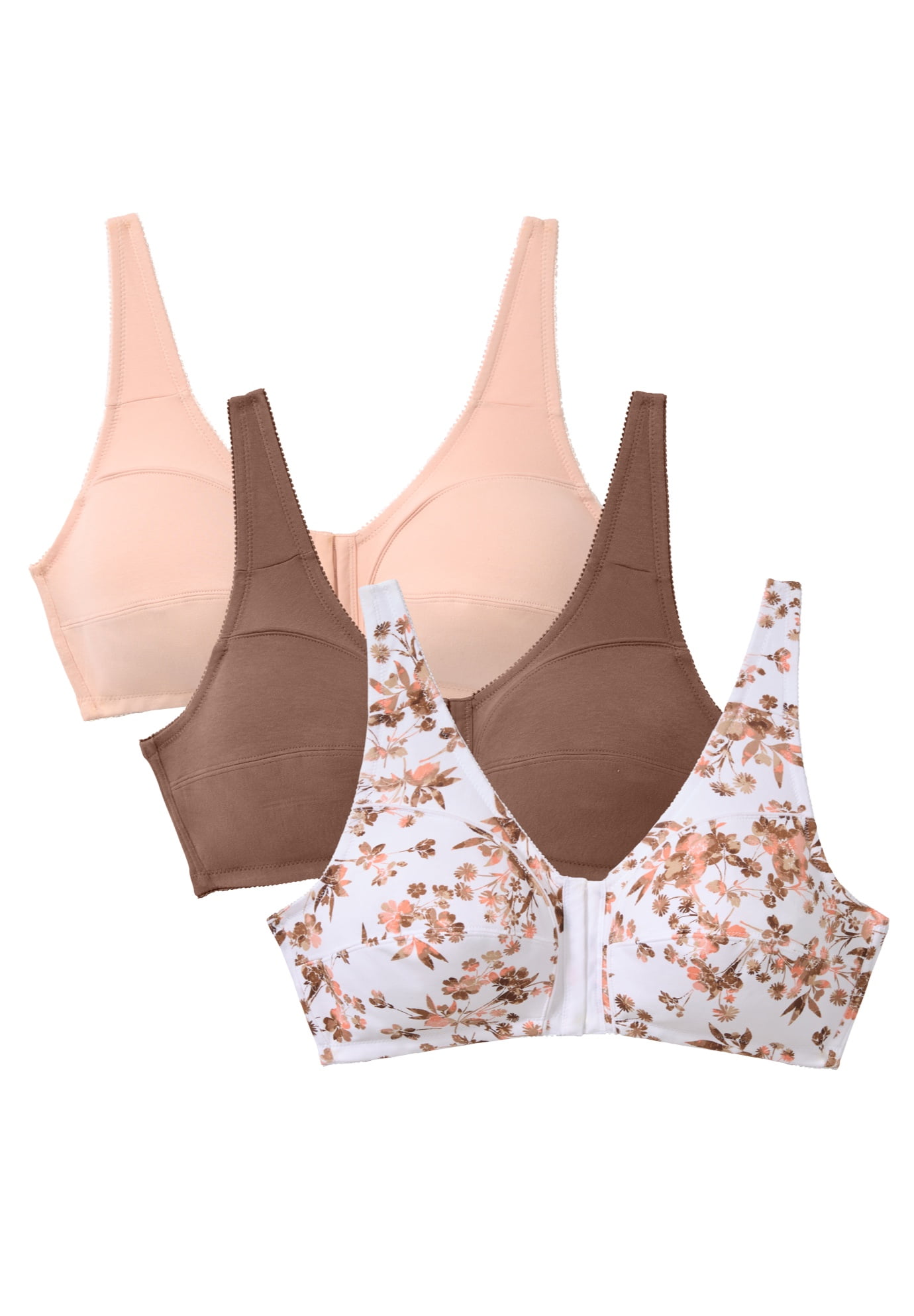 Comfort Choice Women's Plus Size 3-Pack Front-Close Cotton Wireless Bra ...