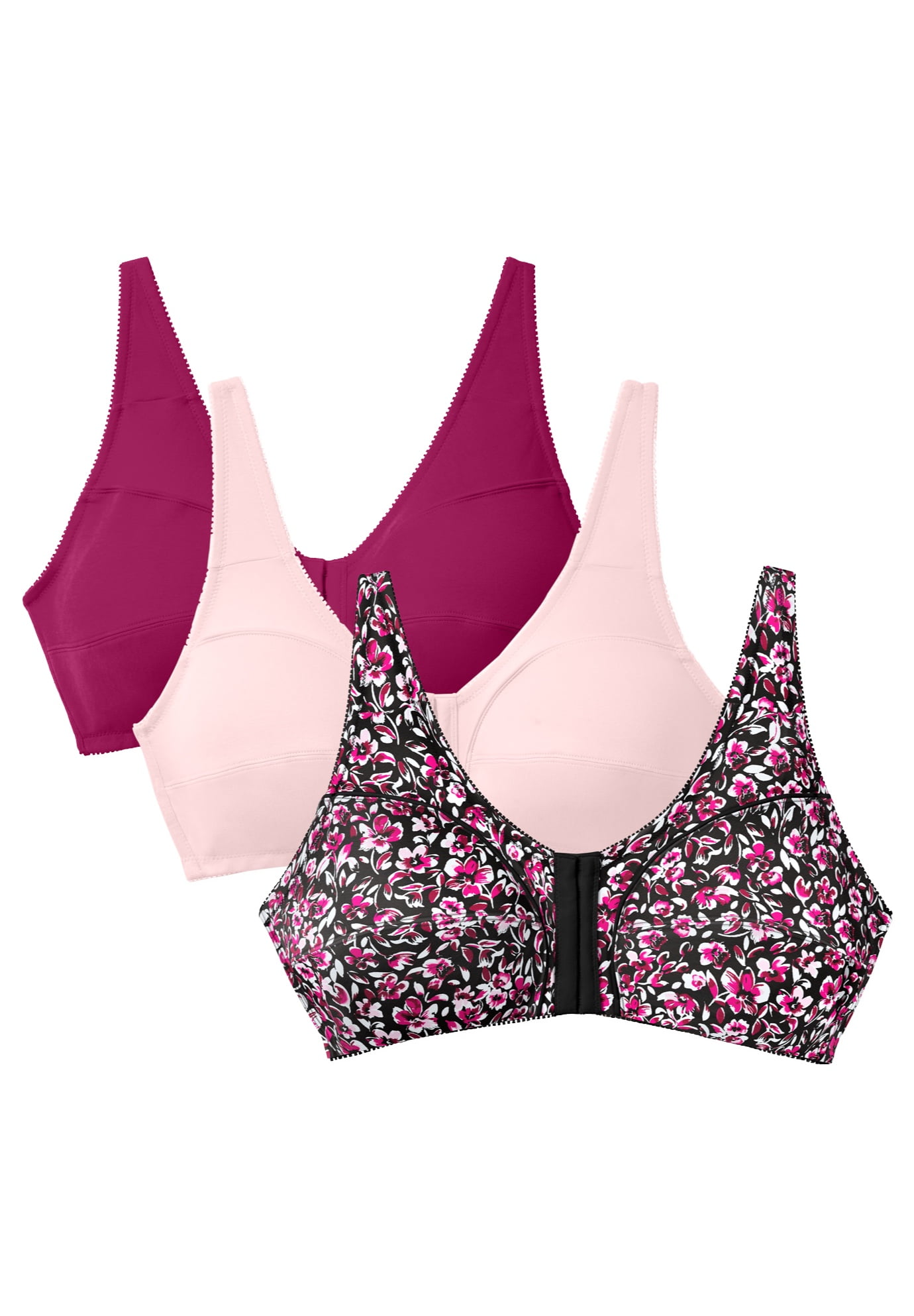 Comfort Choice Women's Plus Size 3-Pack Front-Close Cotton Wireless Bra ...