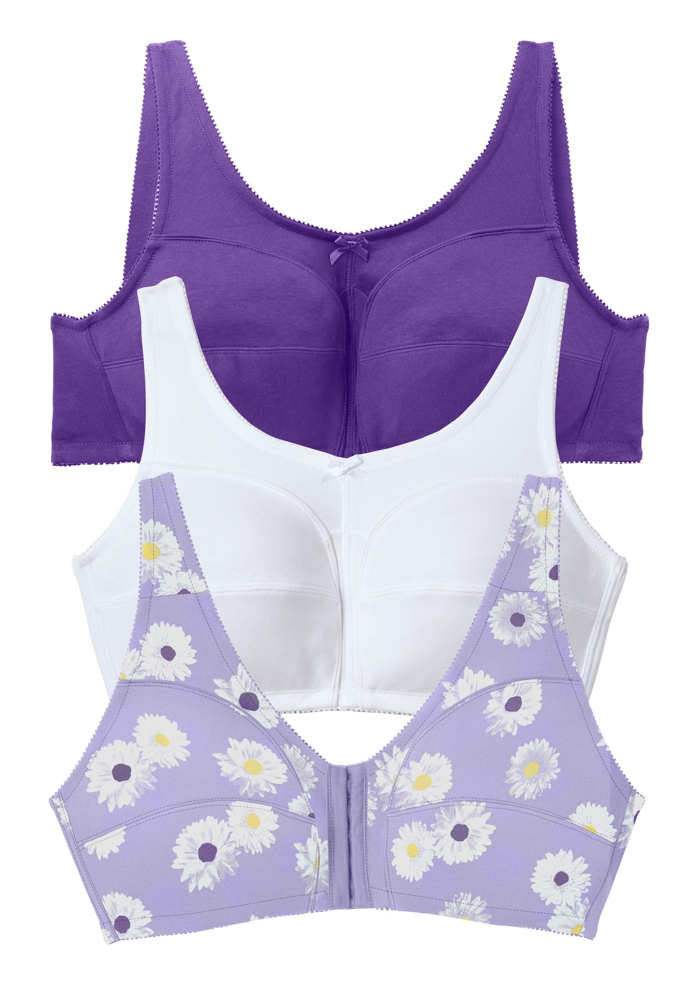 Comfort Choice Women's Plus Size 3-Pack Front-Close Cotton Wireless Bra ...