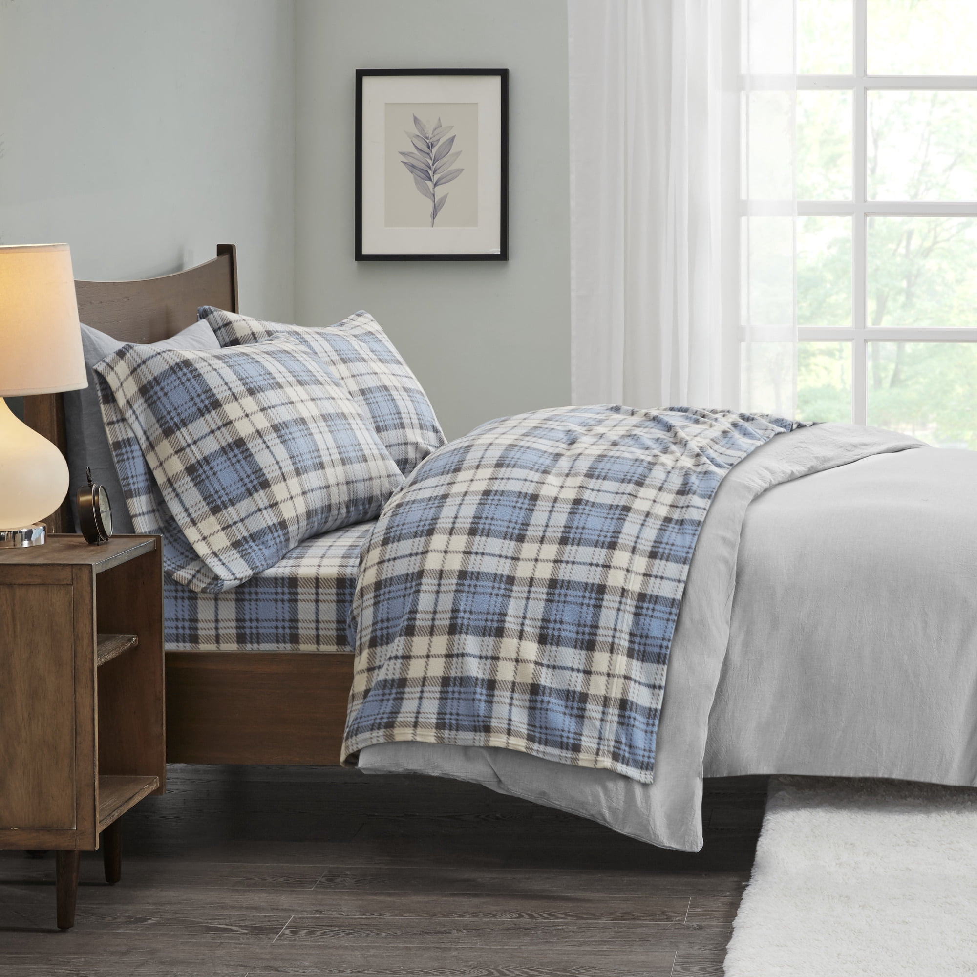 Comfort Classics Micro Fleece 4-Piece Blue Plaid Sheet Set, Queen ...