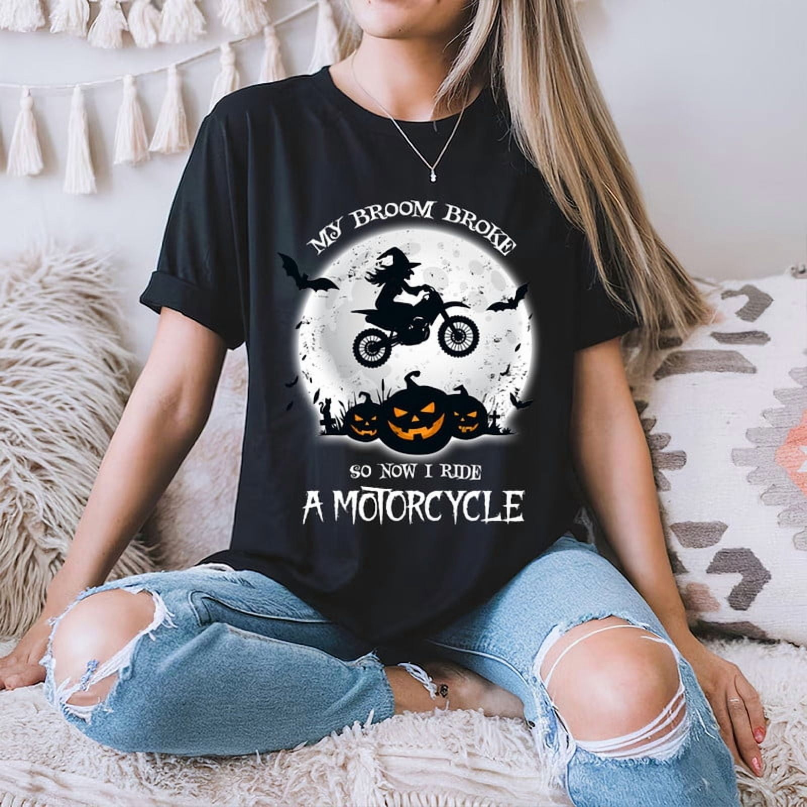 Comfort Colors 1717 My Broom Broke Witch Motorcycle Halloween T-Shirt 100% Cotton - Gift for ...