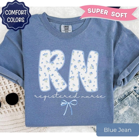 Comfort Colors Blue Jean T-Shirt with Floral 'RN' Letters and ...