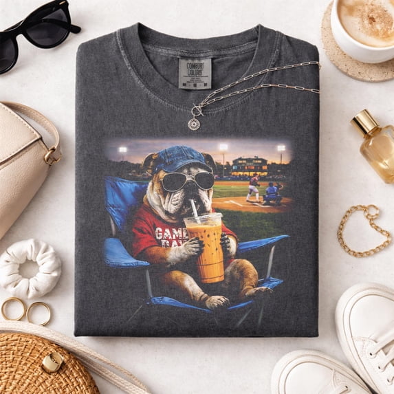 Comfort Colors® Bulldog Drinking Iced Coffee Funny Ballfield Dark Shirt ...
