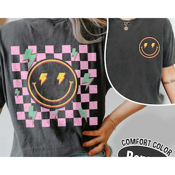 Comfort Colors Checkered Pattern Bolt Smiley Face Shirt, Retro Smile ...
