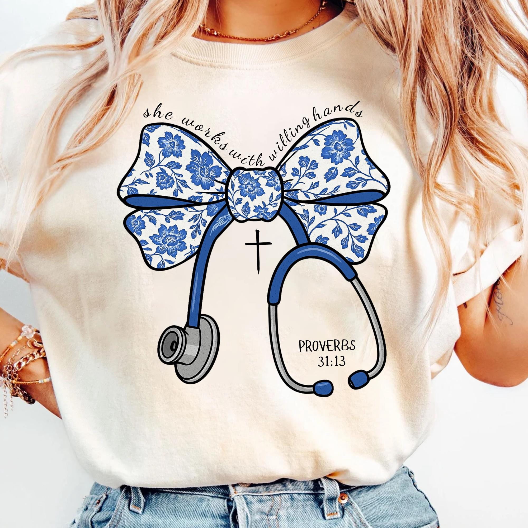 Comfort Colors Cream T-Shirt with Blue Floral Bow, Stethoscope Design ...