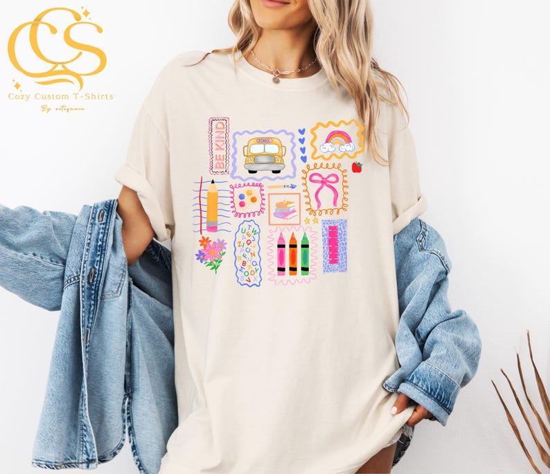 Comfort Colors Cream T-Shirt with Colorful School-Themed Graphics ...